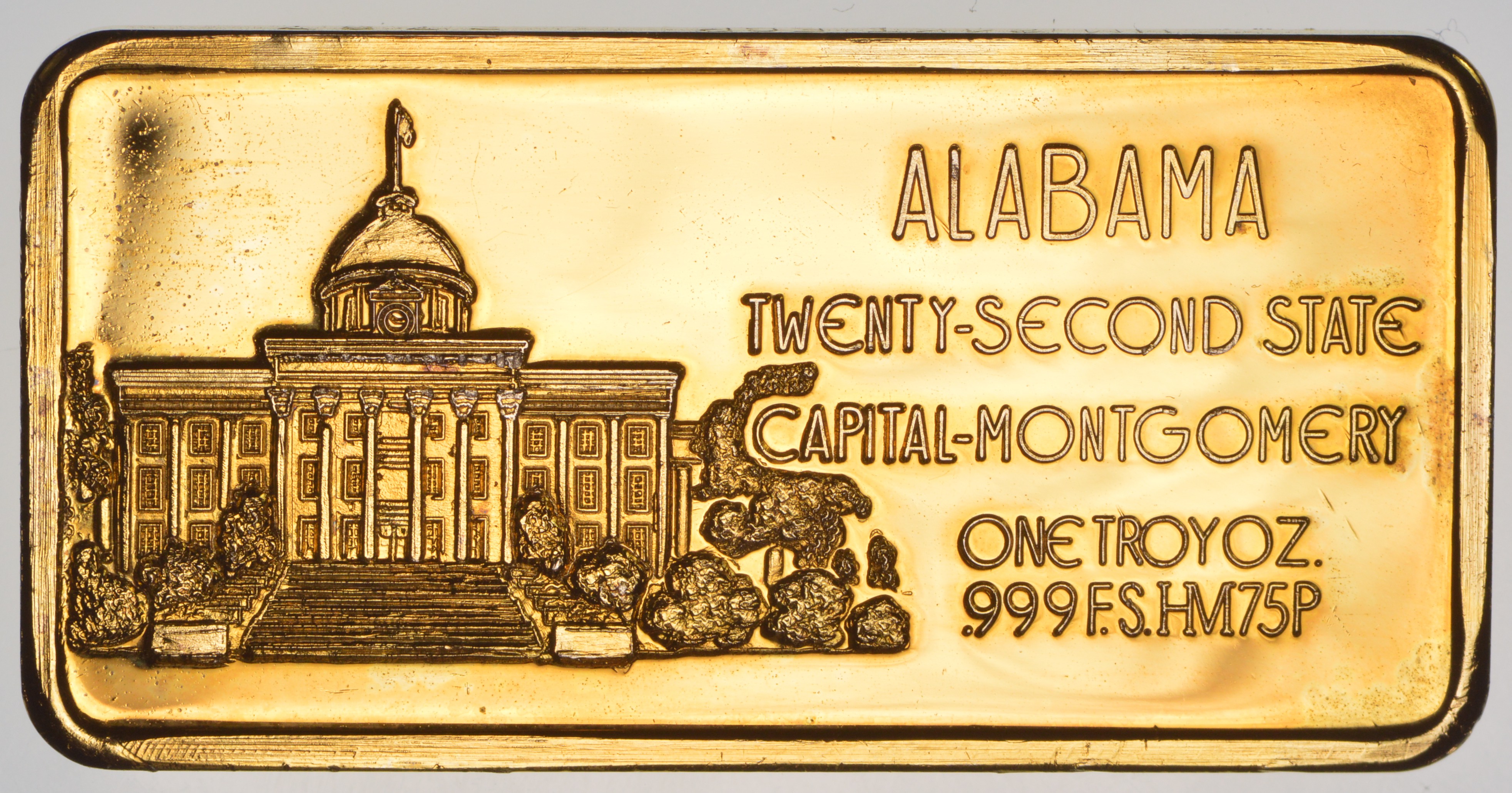 24K Gold Plated 1 Oz SILVER .999 Fine Alabama Silver Bar | Property Room