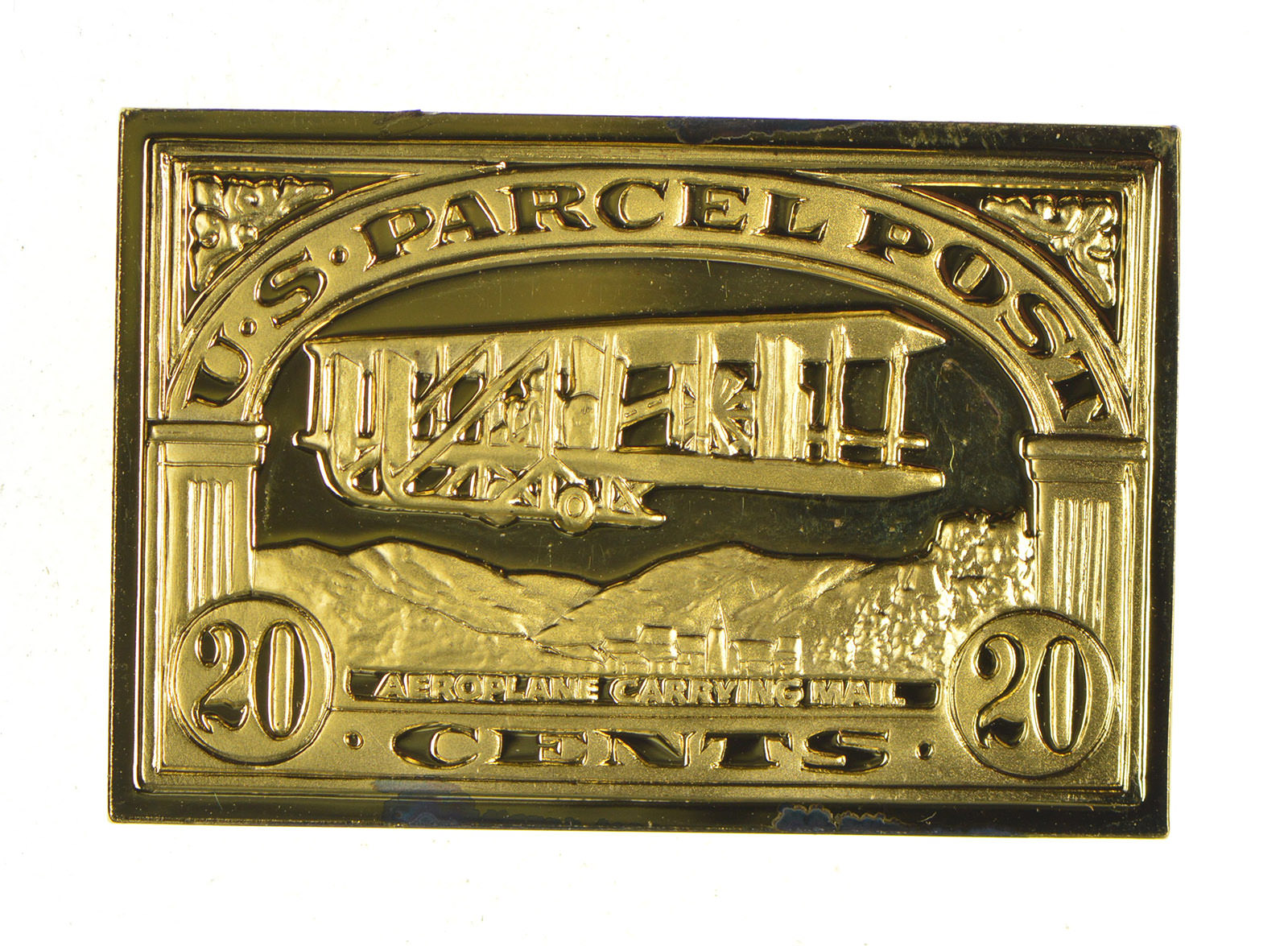 24K Gold Plated SILVER - Biplane Carrying Mail Postage .925 Sterling ...