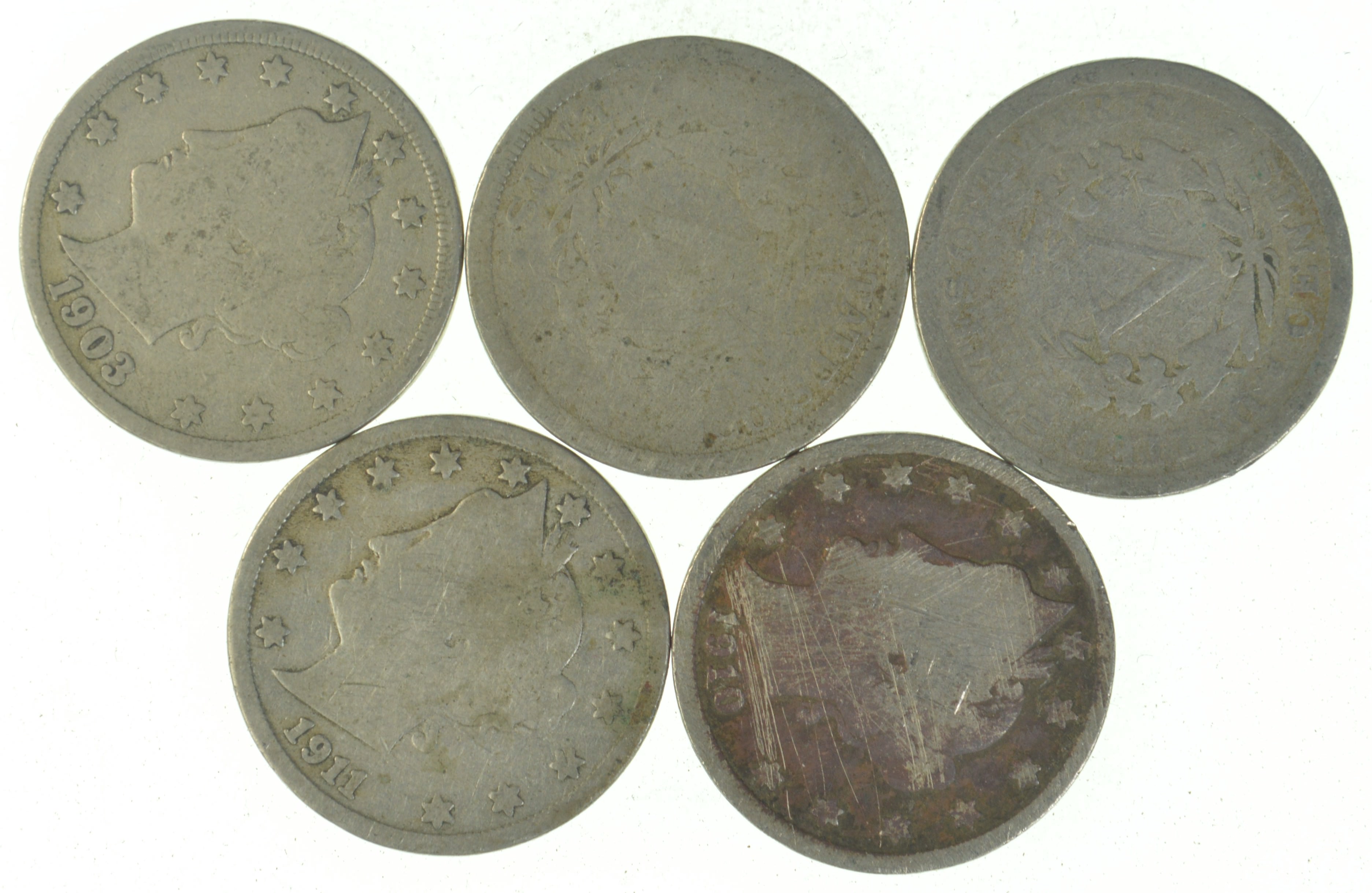 (5) 1883-1912 Assorted Liberty Head V Nickels - US Coin Lot | Property Room