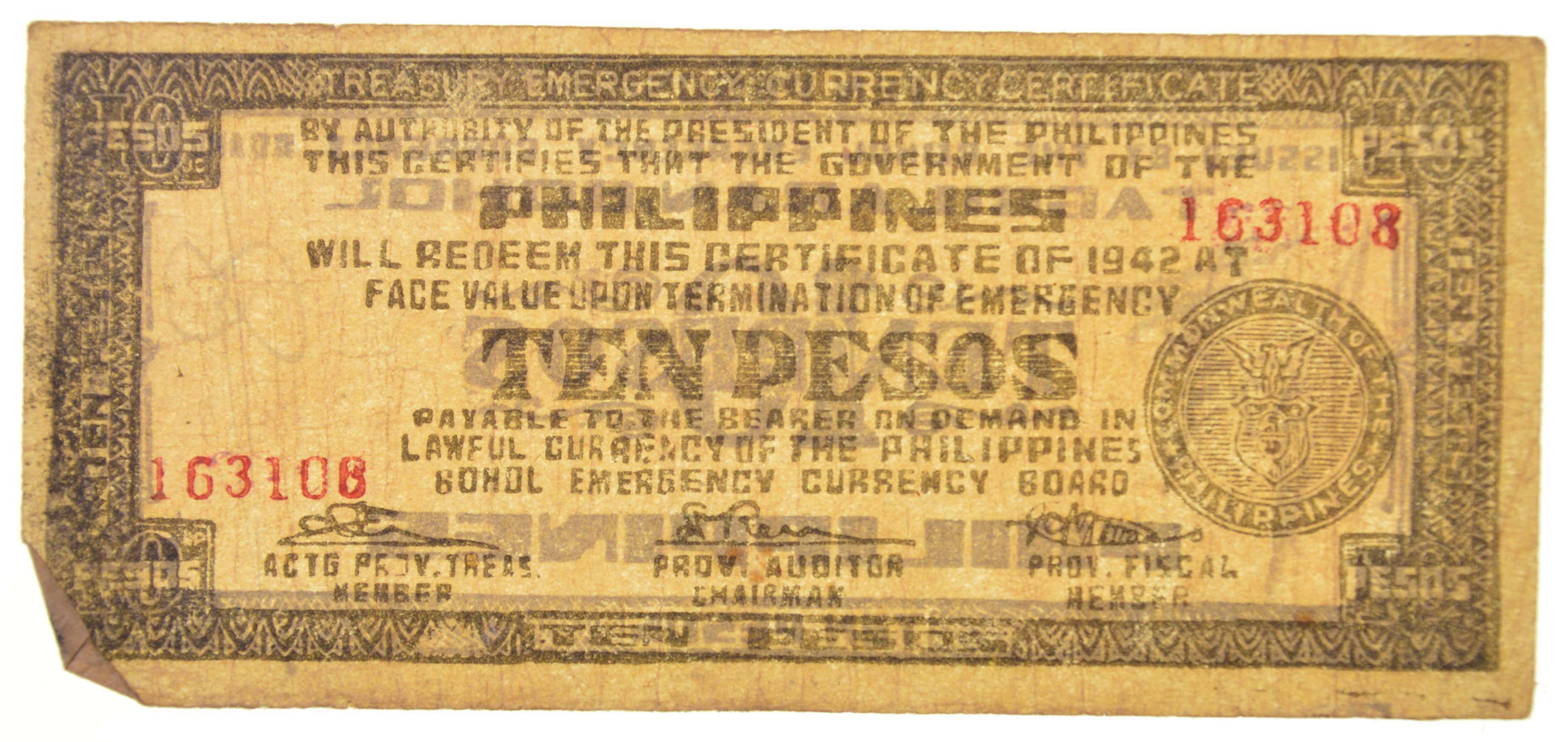 *$5 S&H* 1942 Philippines 10 Pesos Treasury Emergency Currency ...