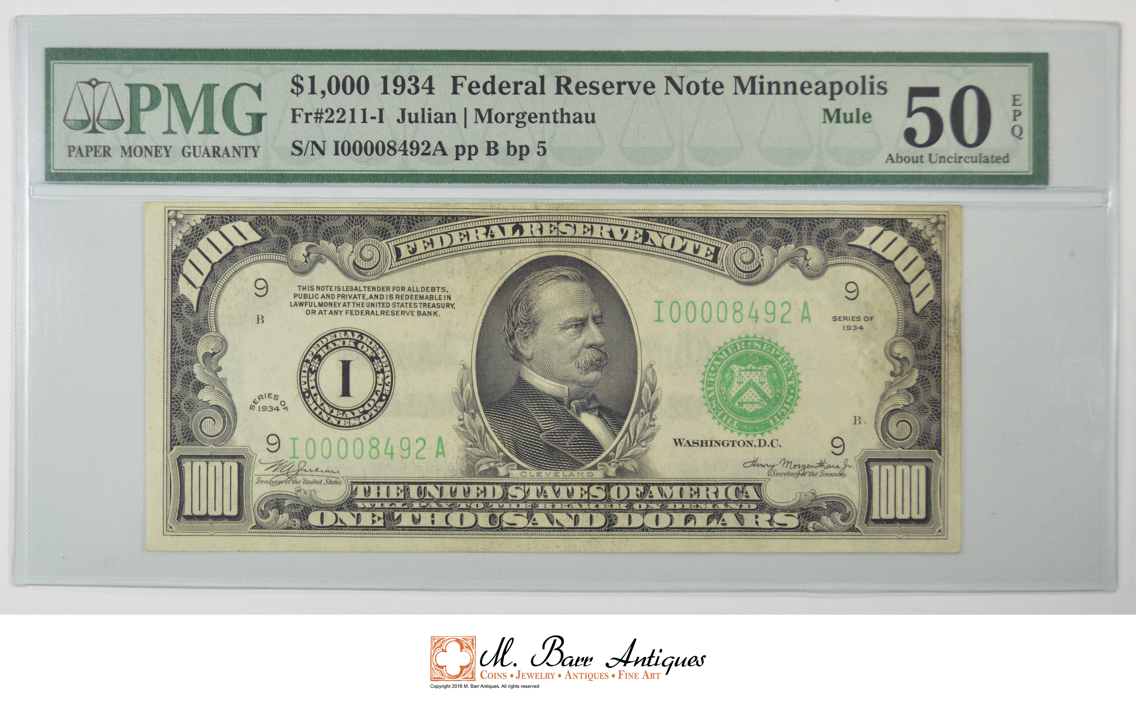 50 About Uncirculated 1934 $1000.00 Green Seal Federal Reserve Note ...