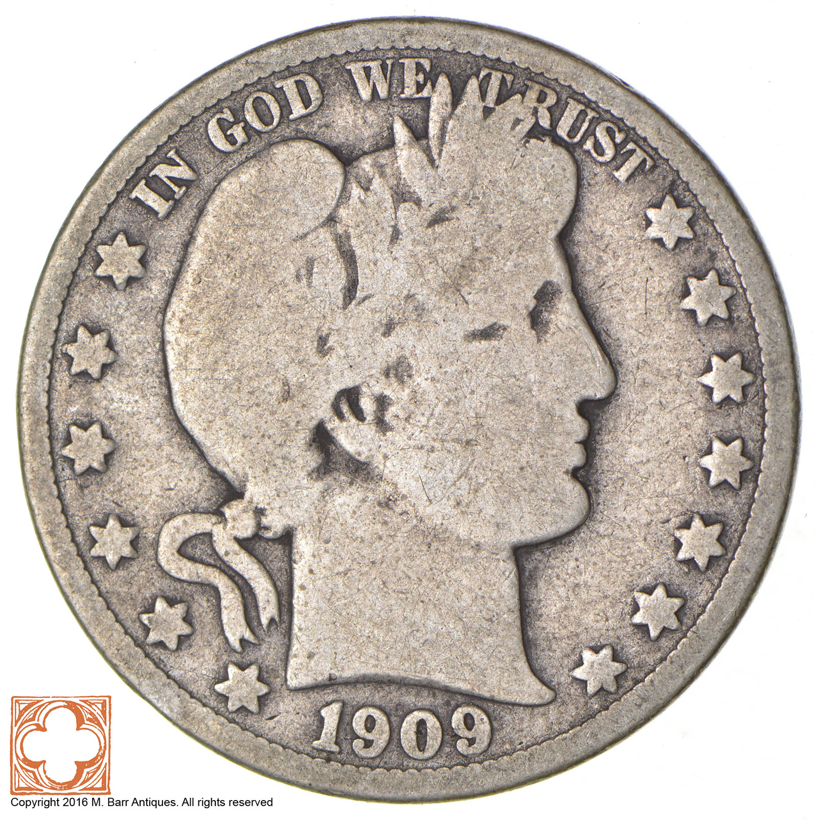 50c United States Coin - 1909 Liberty Barber 90% Silver US Half Dollar ...