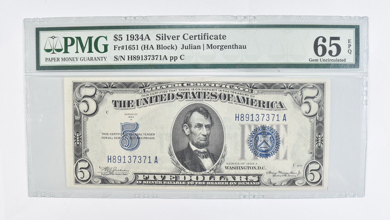 65 EPQ 1934-A $5 Silver Certificate - FR#1651 (HA Block) - Graded PMG | Property Room
