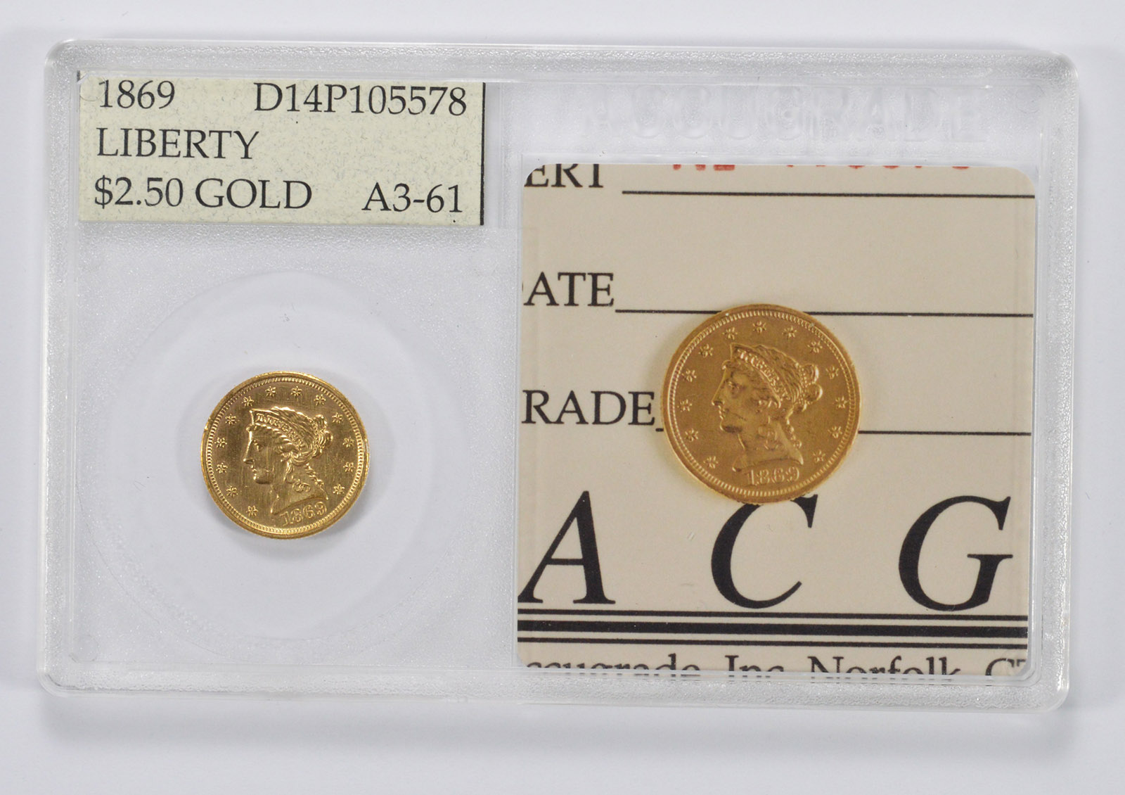 A3-61 1869 $2.50 Liberty Head Gold Quarter Eagle - Accugrade Graded ...