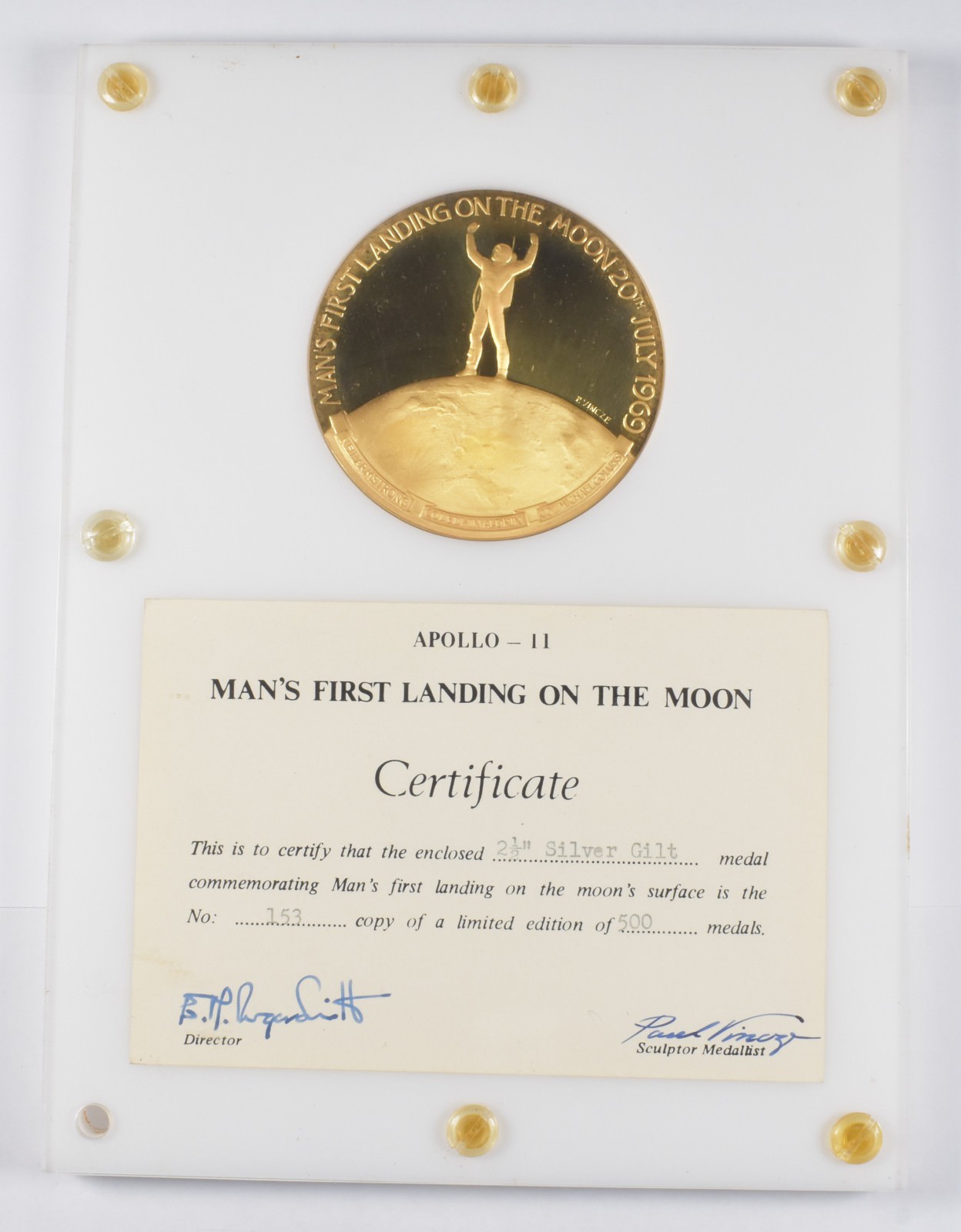 Apollo 11 Man's First Landing On The Moon Silver Gilt Medal & Stamps ...
