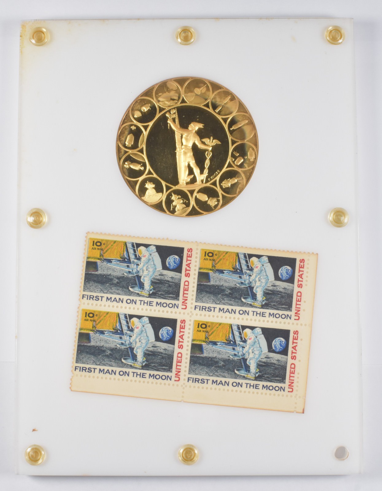 Apollo 11 Man's First Landing On The Moon Silver Gilt Medal & Stamps ...