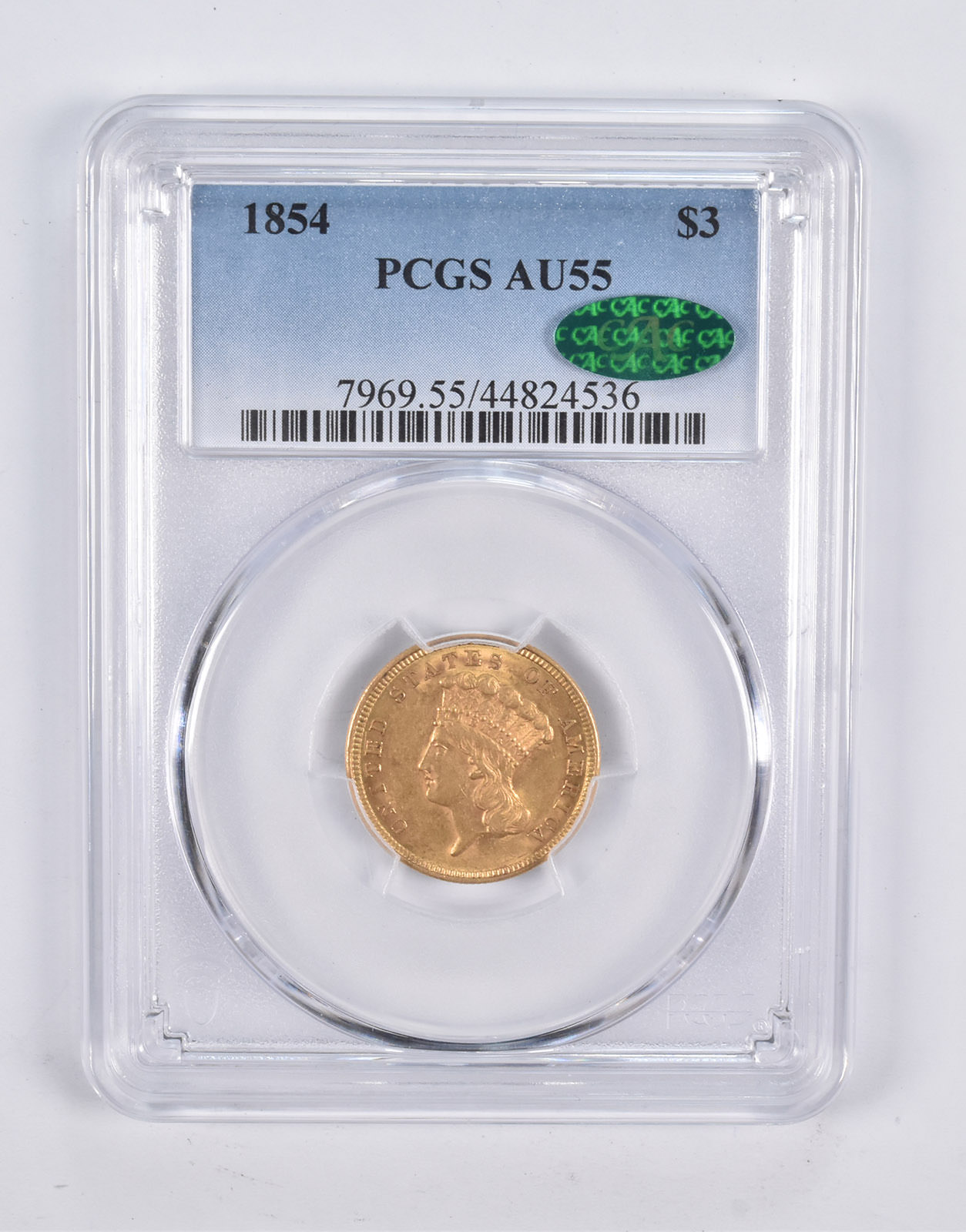 AU55 1854 $3 Indian Princess Head Gold Three-Dollar Piece CAC PCGS | Property Room