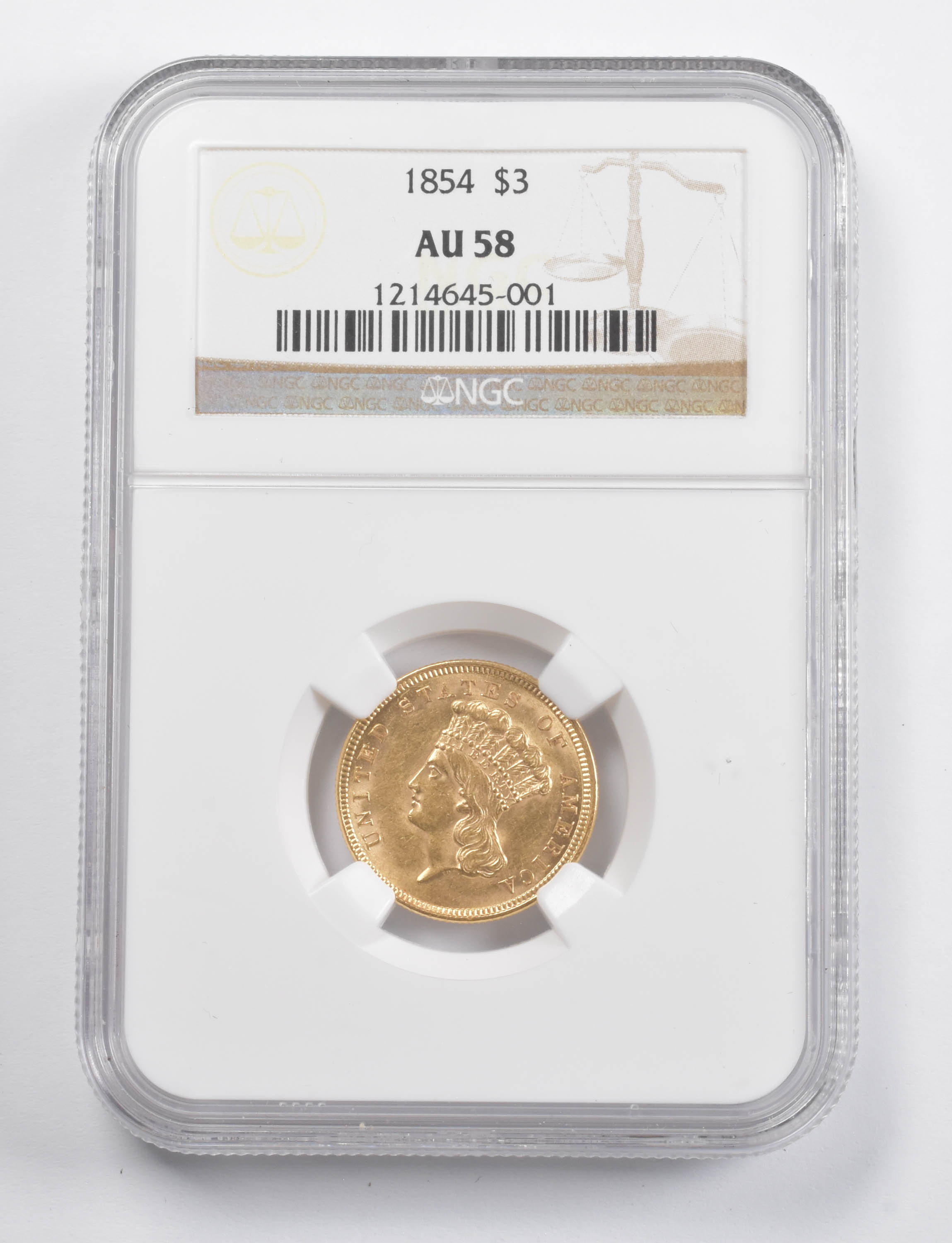AU58 1854 $3 Indian Princess Head Gold Three Dollar Piece NGC ...
