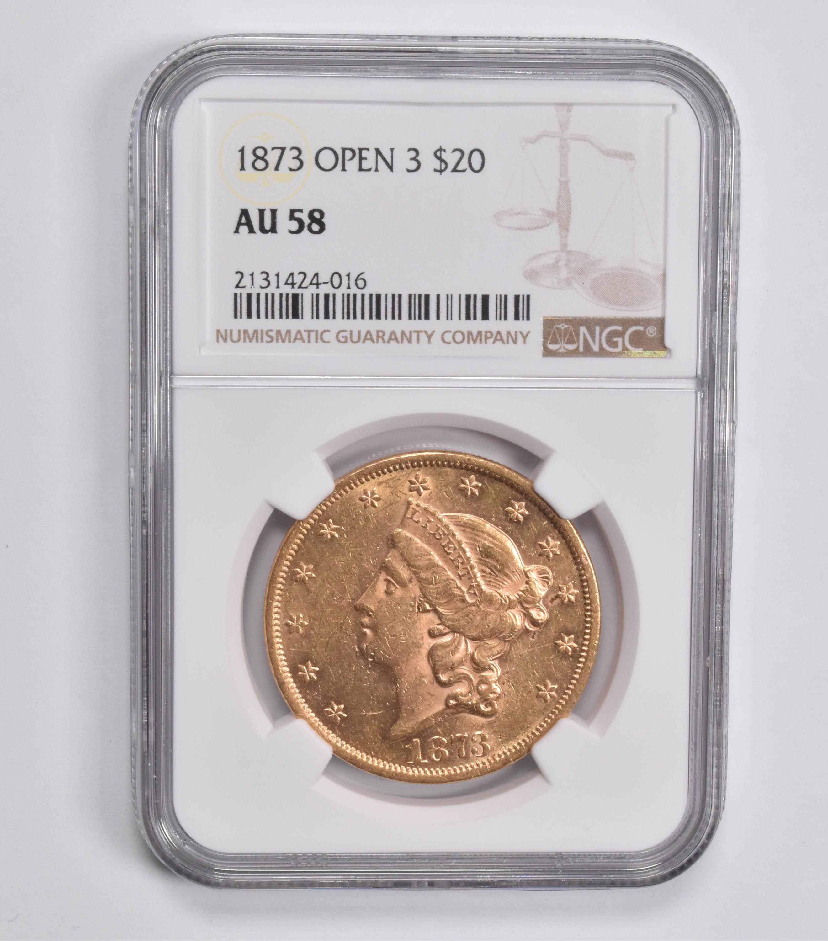 AU58 1873 $20 Liberty Head Gold Double Eagle Open 3 NGC | Property Room