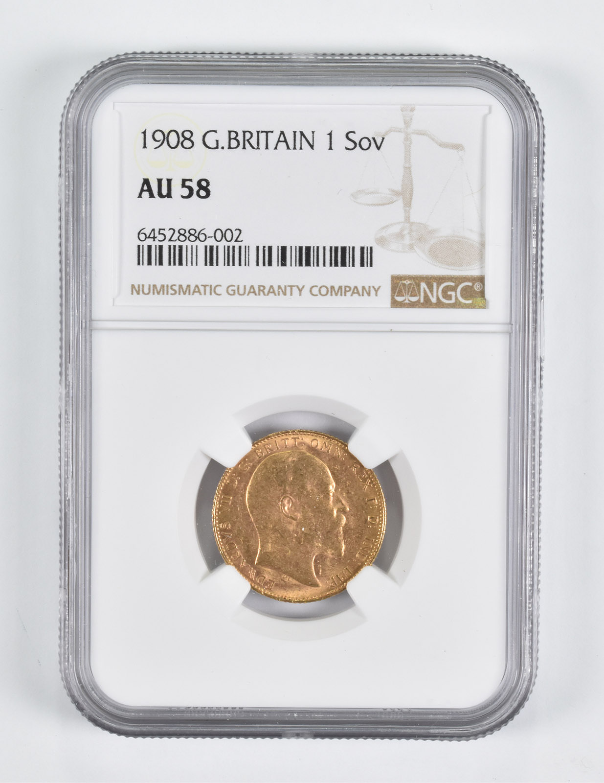 AU58 1908 Great Britain 1 Sovereign Gold Coin NGC | Property Room