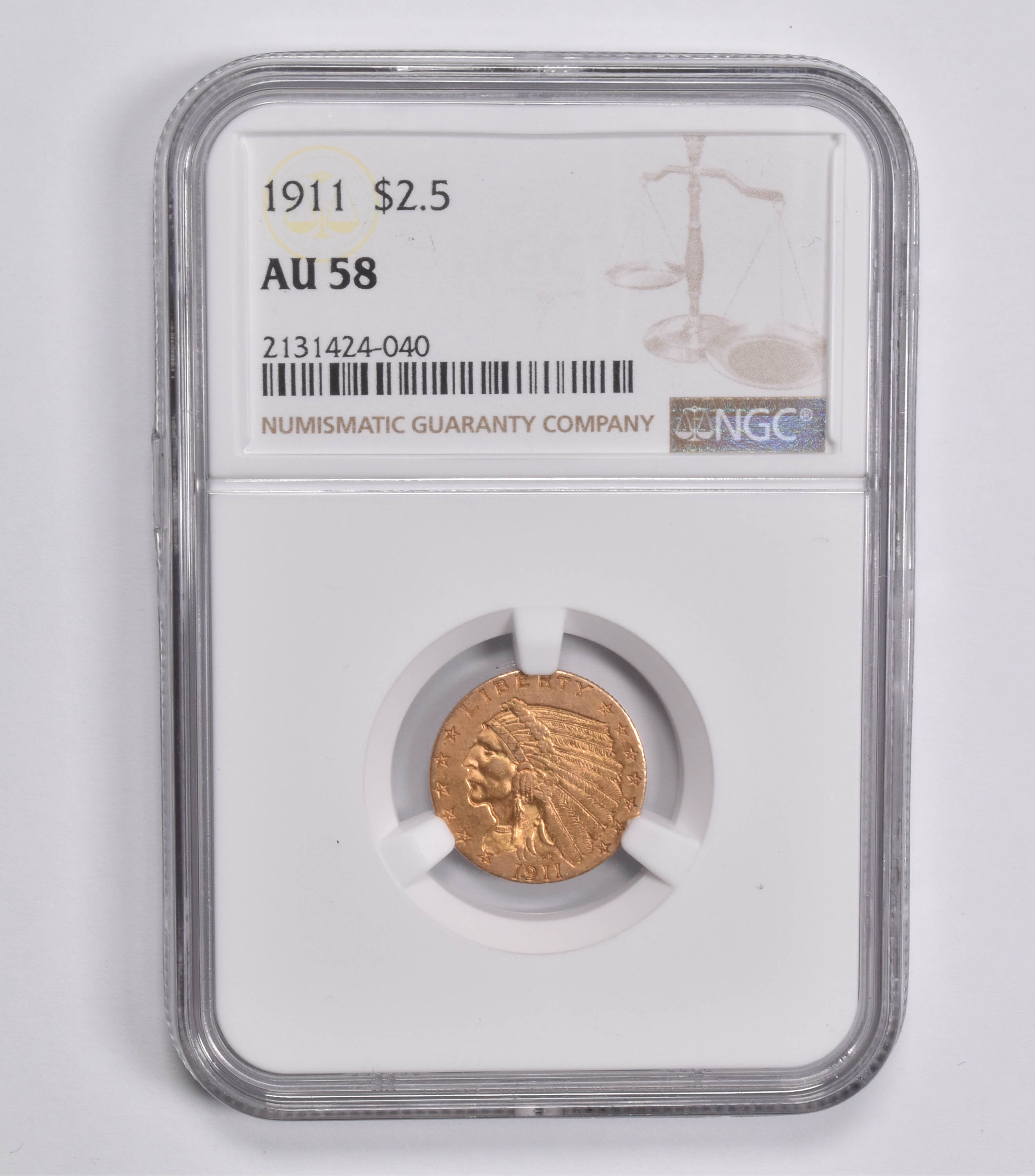 Au58 1911 $2.50 Indian Head Gold Quarter Eagle NGC | Property Room