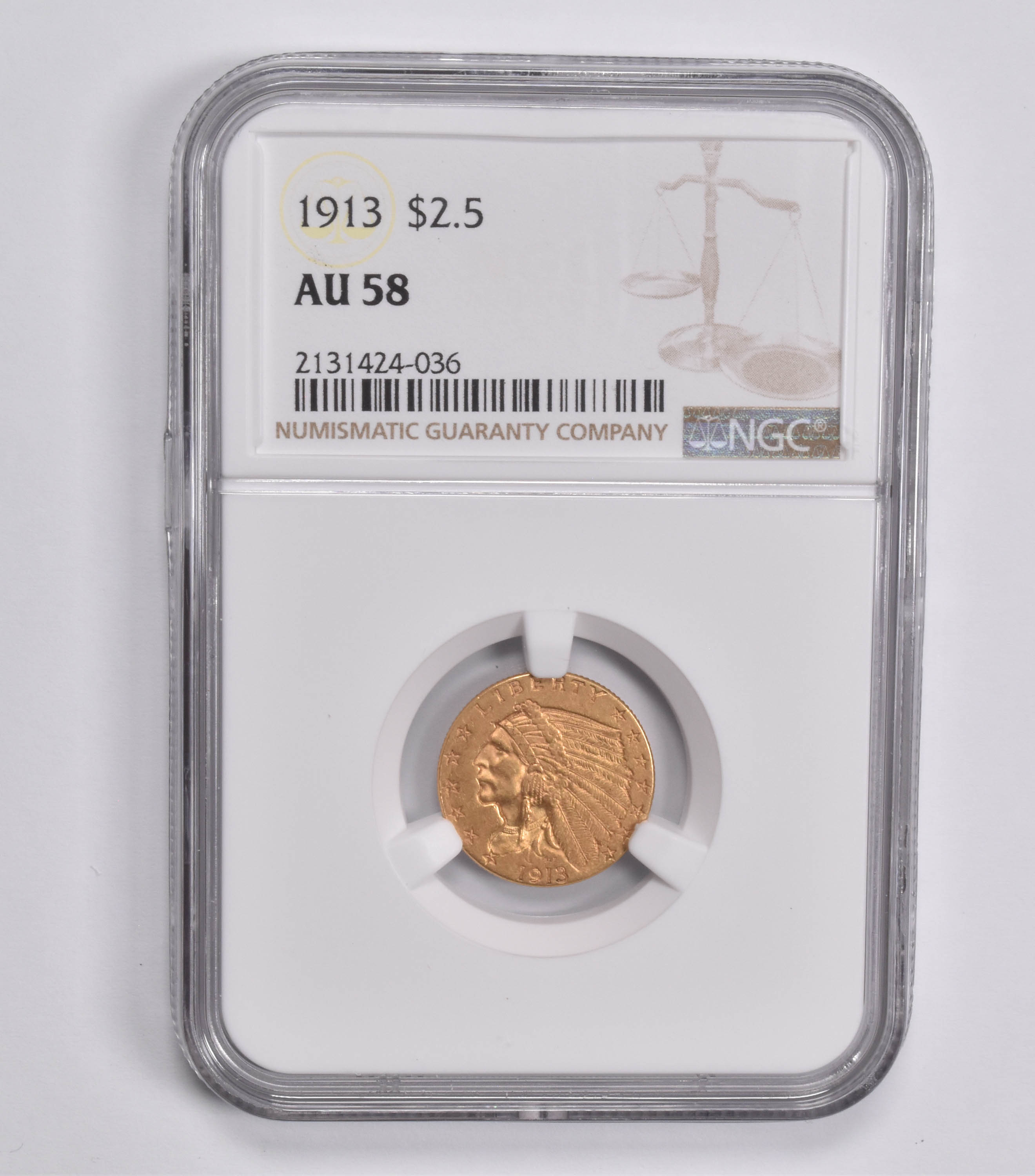 AU58 1913 $2.50 Indian Head Gold Quarter Eagle NGC | Property Room
