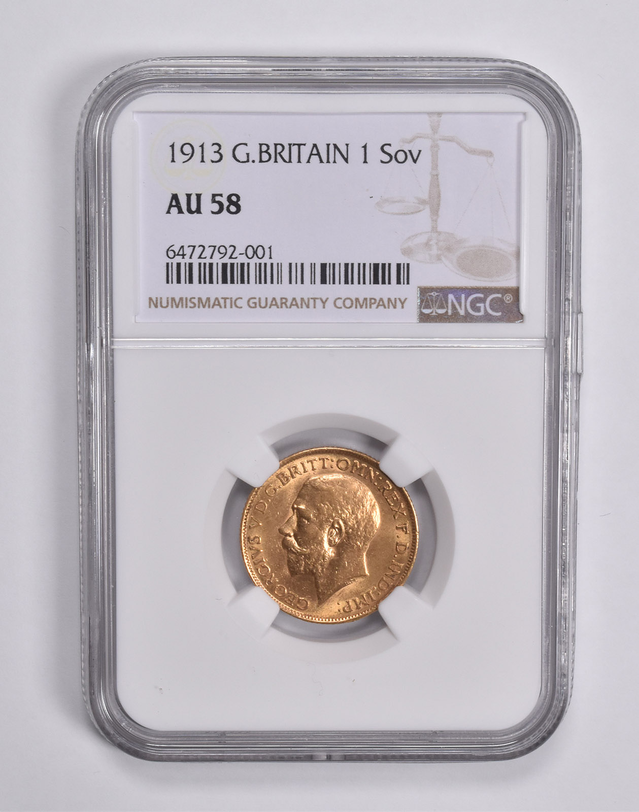 AU58 1913 Great Britain 1 Gold Sovereign NGC | Property Room
