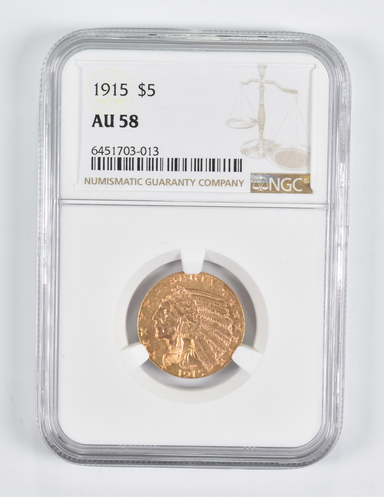 AU58 1915 $5 Indian Head Gold Half Eagle NGC | Property Room