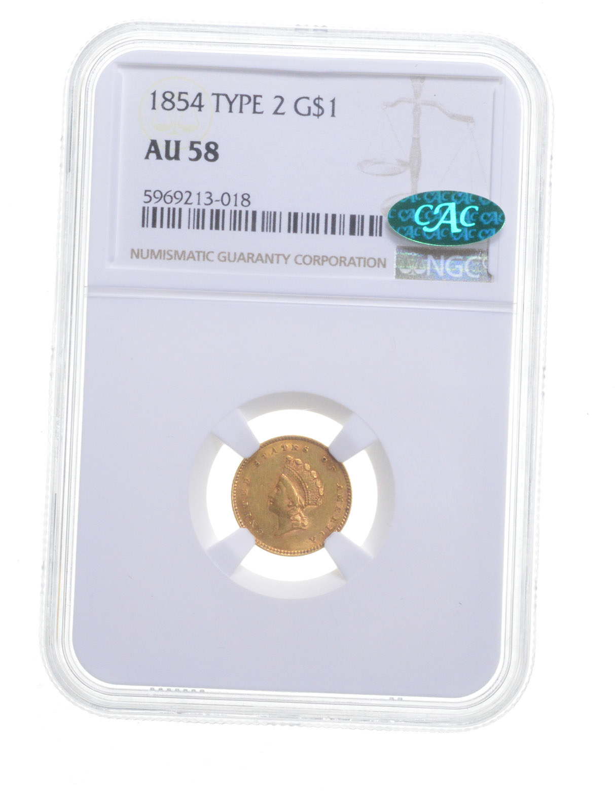 AU58 CAC 1854 $1 Indian Princess Head Gold - Type 2 - Graded NGC | Property Room