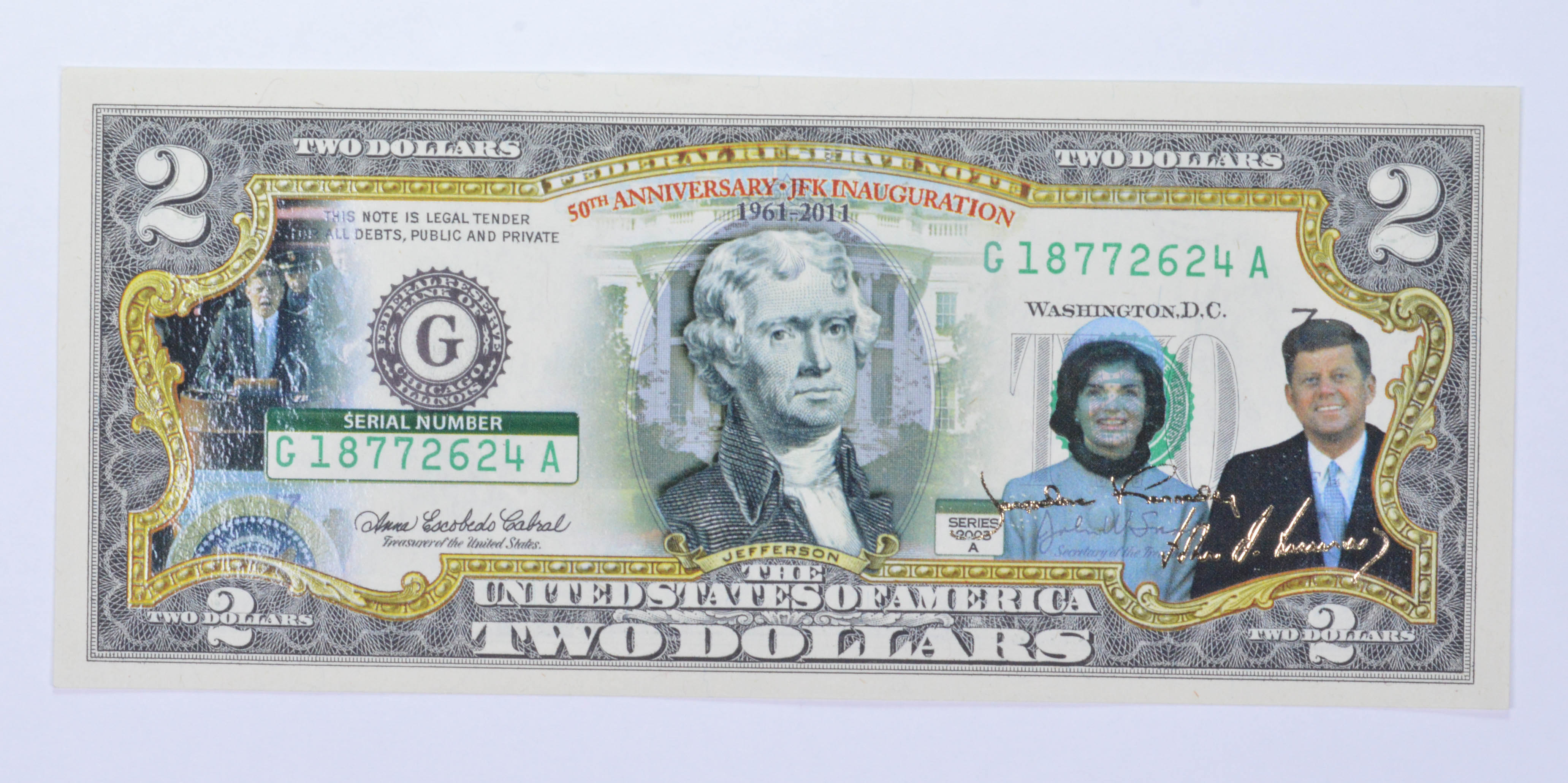 Colorized Unique Art 2003 $2 Note President John and Jacqueline Kennedy ...