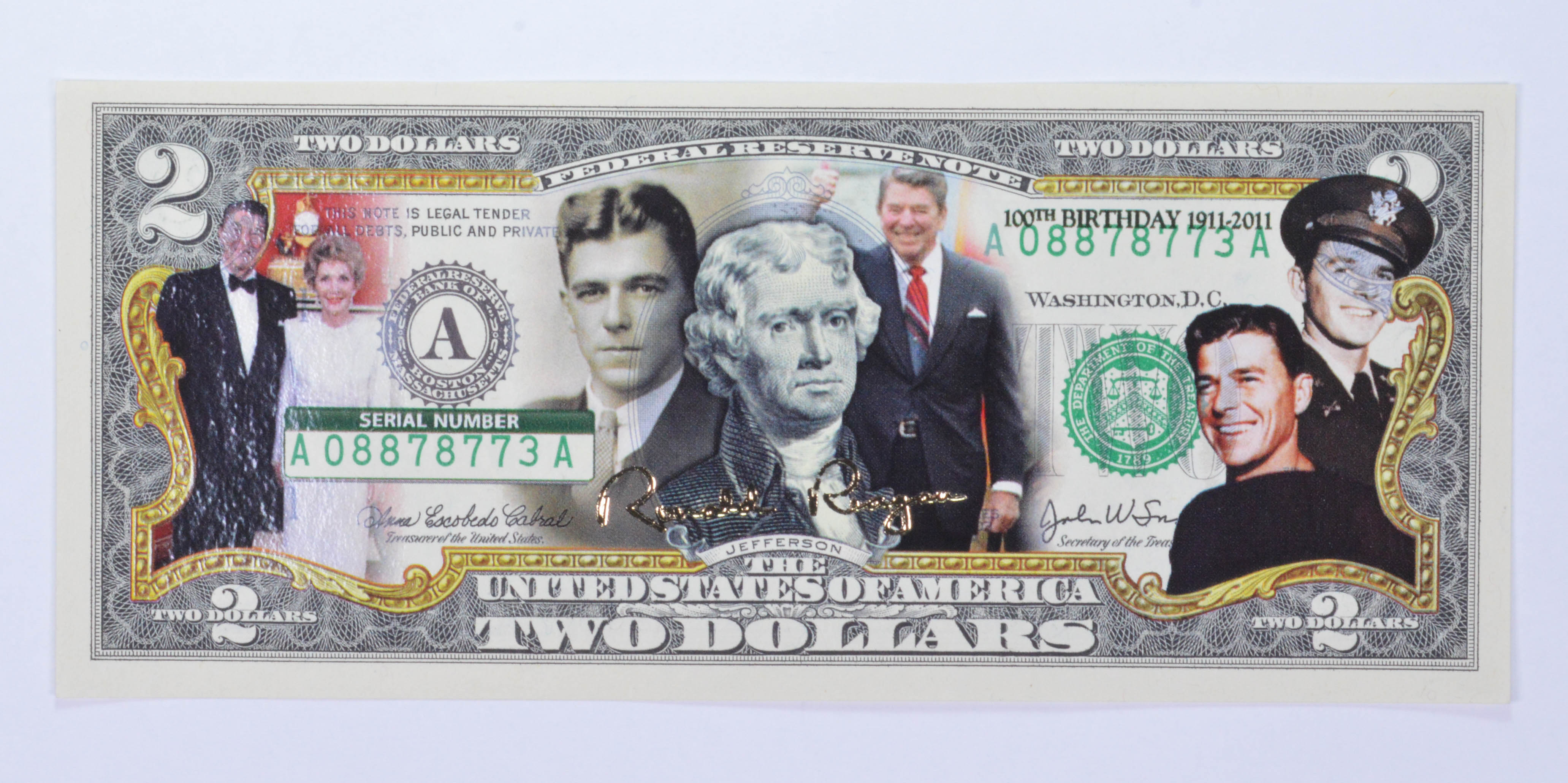 Colorized Unique Art 2003 $2 Note President Ronald Reagan | Property Room