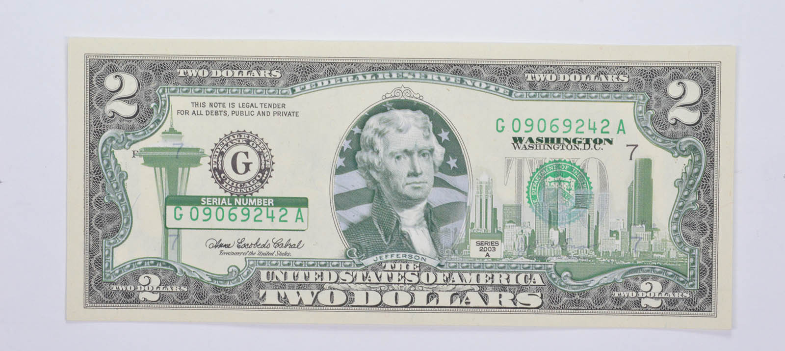 Colorized Unique Art 2003 $2 Note State Of Washington | Property Room