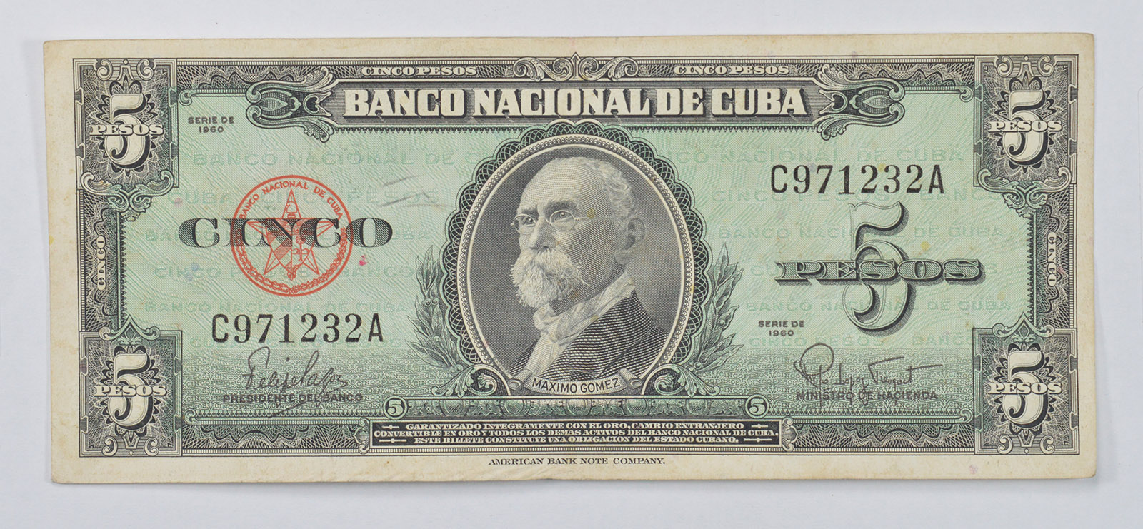 CUBA - National Bank of Cuba 5 Pesos Note - Maximo Gomez - Series of ...