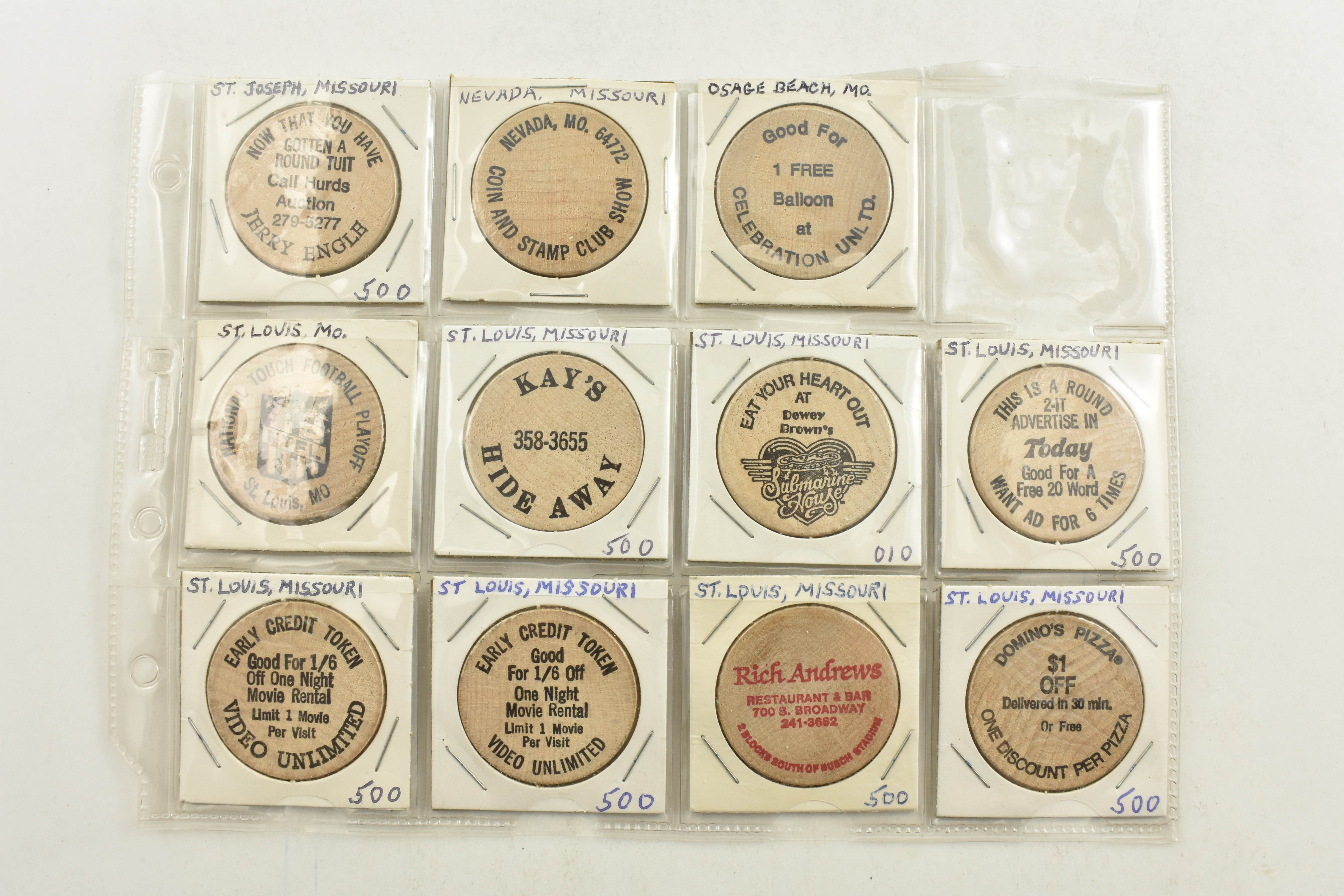 Entire Page Vintage WOODEN Nickels - Rare to find a group this large ...