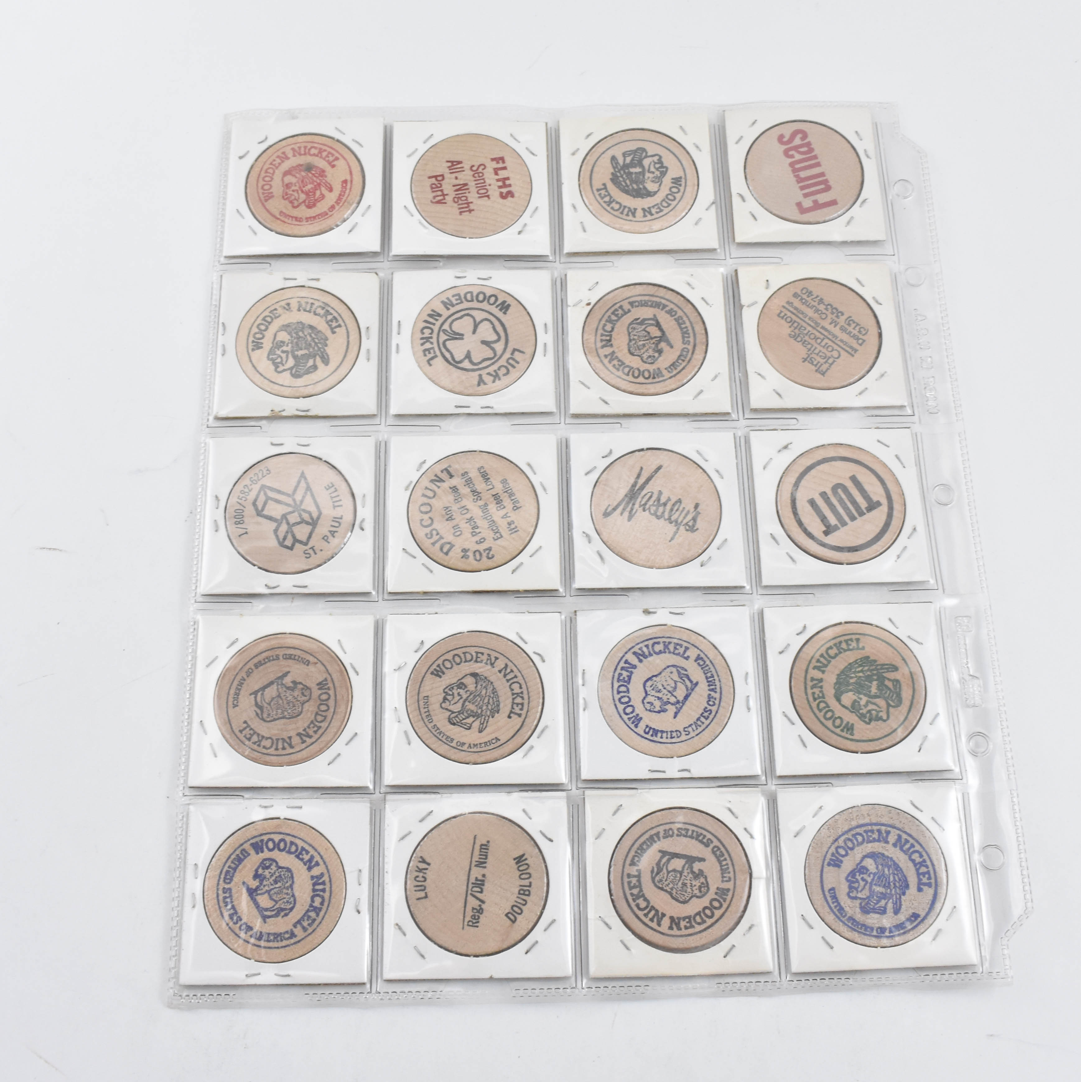 Entire Page Vintage WOODEN Nickels - Rare to find a group this large ...