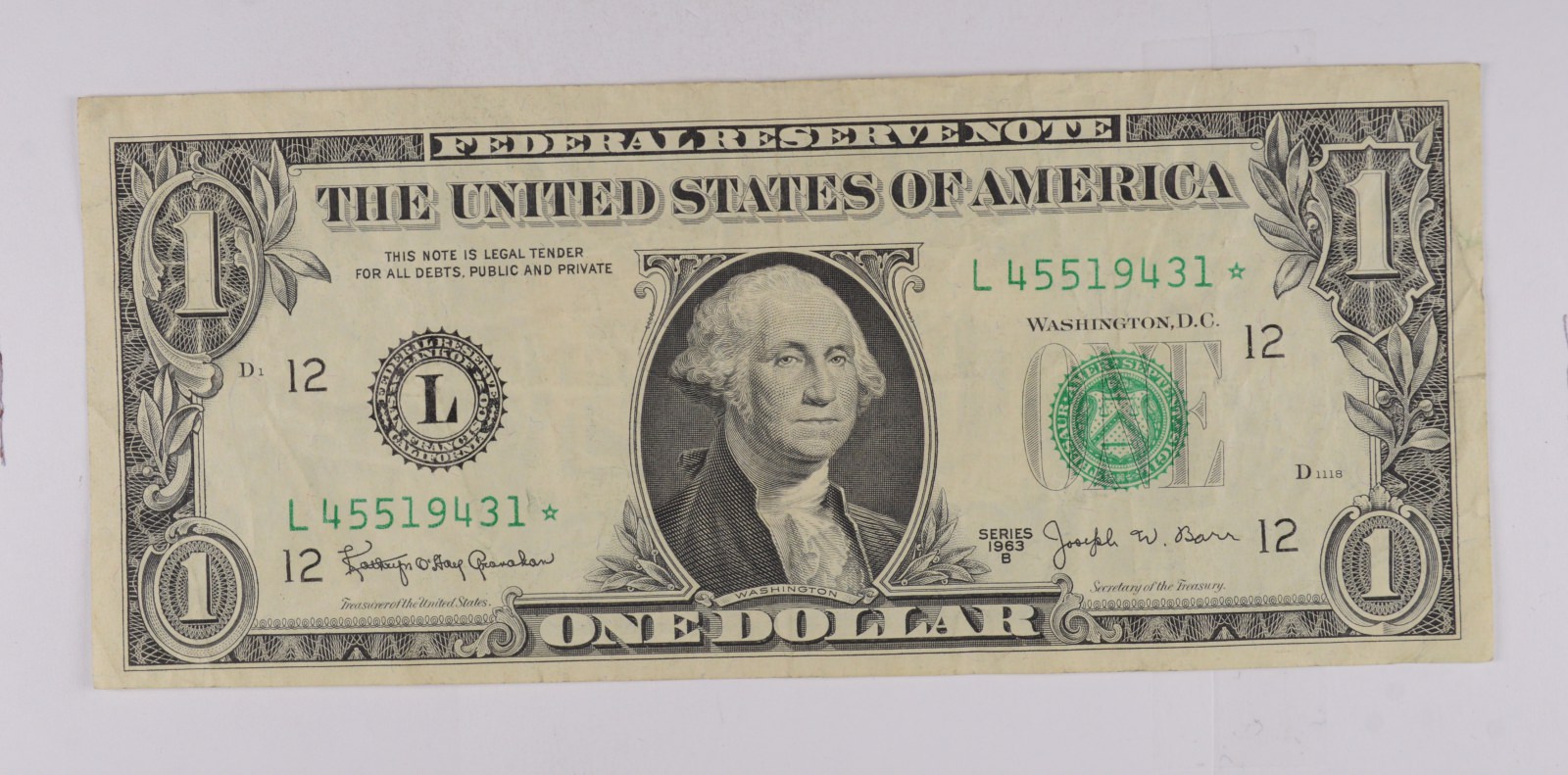 ERROR REPLACEMNT Note - 1963 BARR FRN $1 Note - RARE | Property Room
