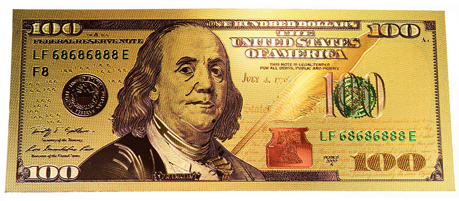 Fantasy $100 Benjamin Franklin Colorized Gold Foil Note | Property Room