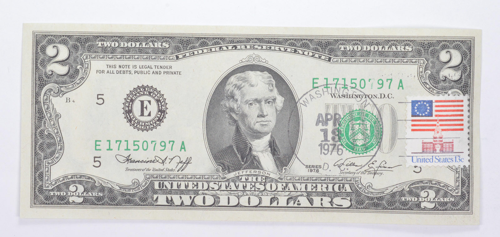 First Day Issue 1976 $2 Federal Reserve Note - Stamped! | Property Room