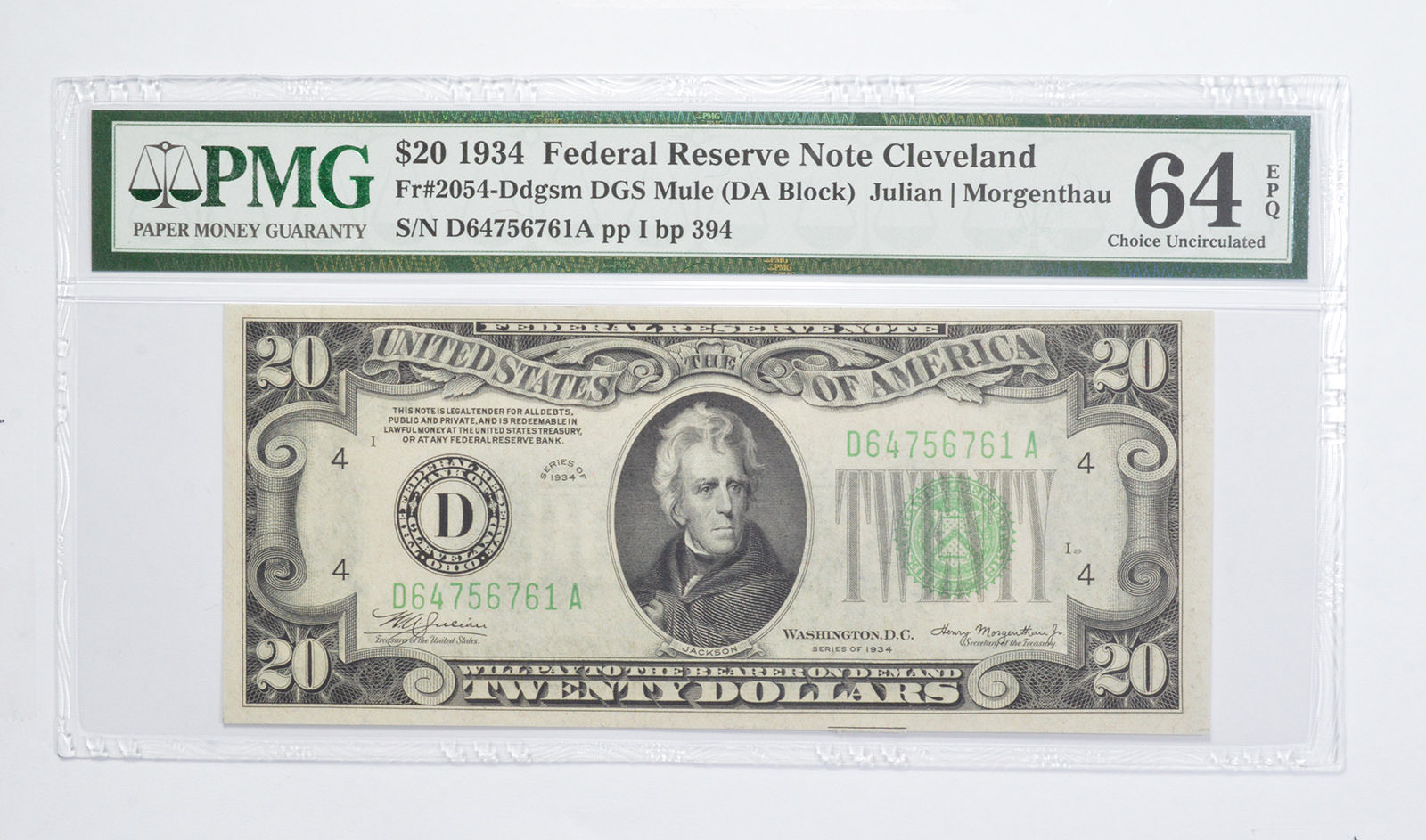 FR 2054-D $20 1934 DGS MULE Federal Reserve Note PMG 64 EPQ Consec ...