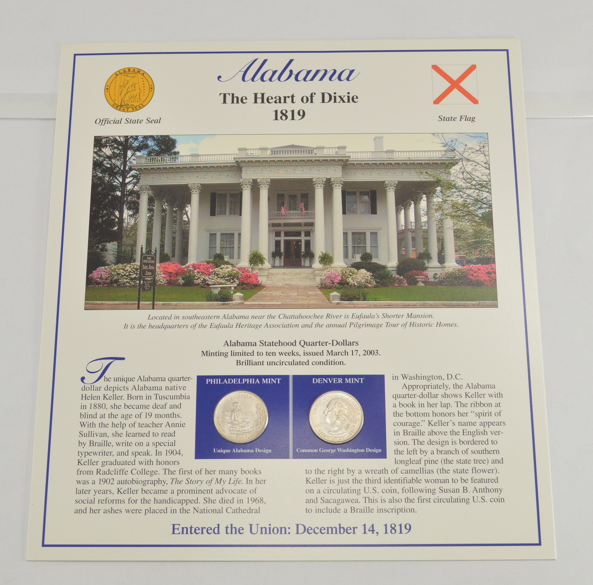 Full Color 2 Coin Ch BU Alabama State Quarter Beautifully Displayed ...