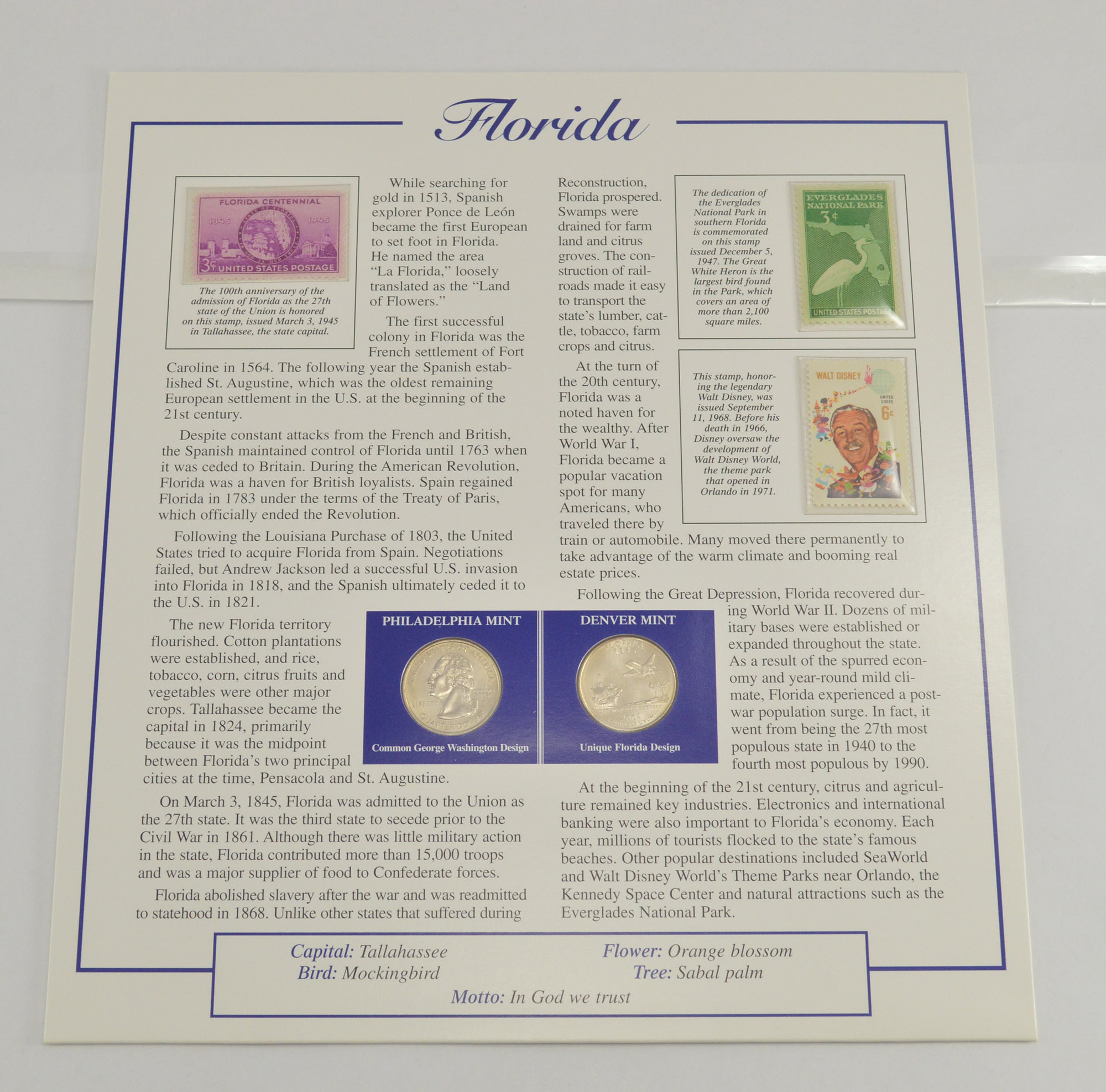 Full Color 2 Coin Ch BU Florida State Quarter Beautifully Displayed ...