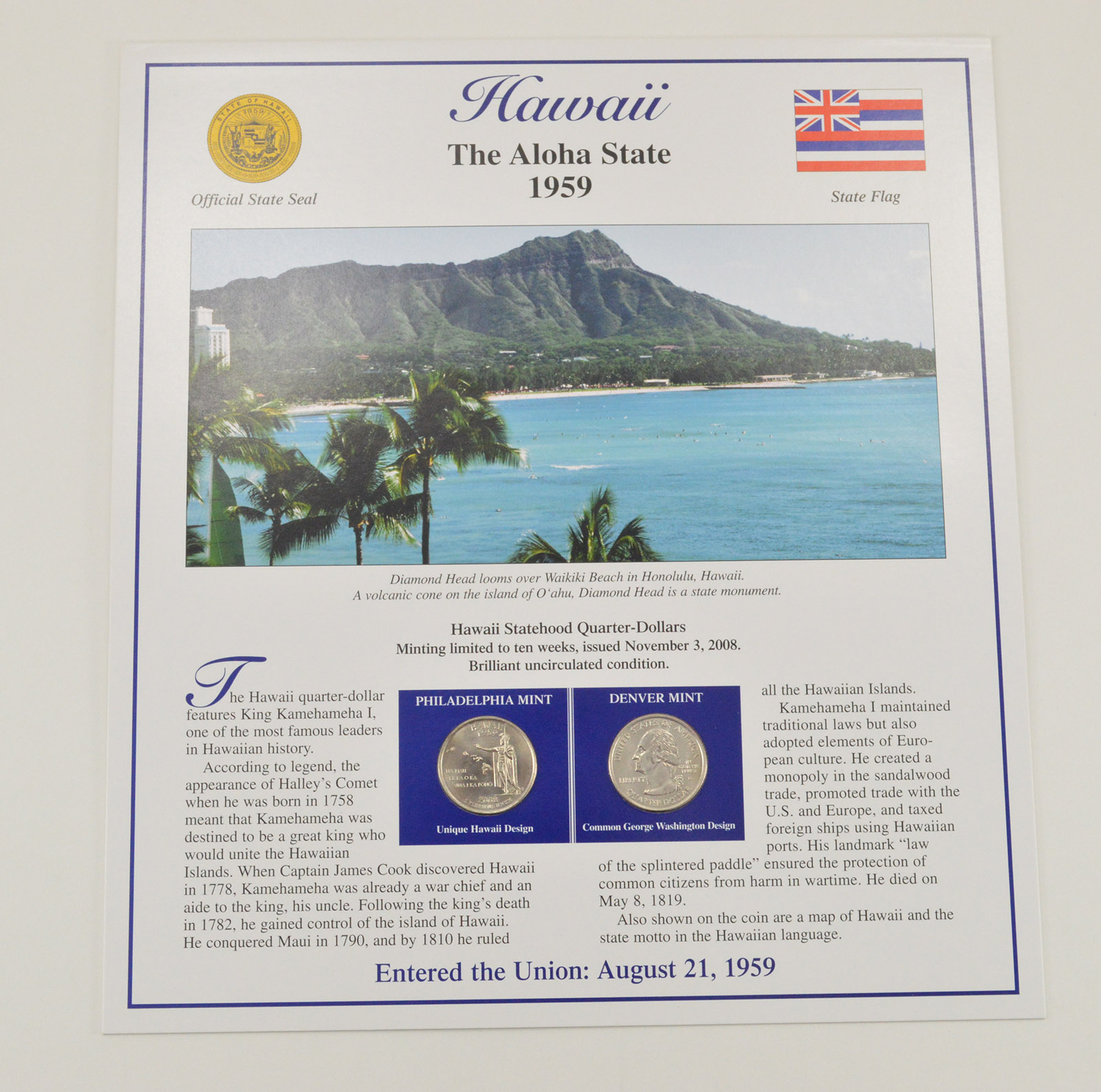 Full Color 2 Coin Ch BU Hawaii State Quarter Beautifully Displayed Coin ...