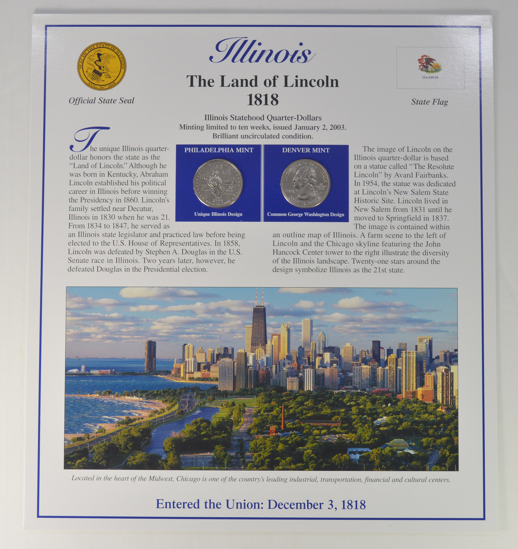 Full Color 2 Coin Ch BU Illinois State Quarter Beautifully Displayed ...
