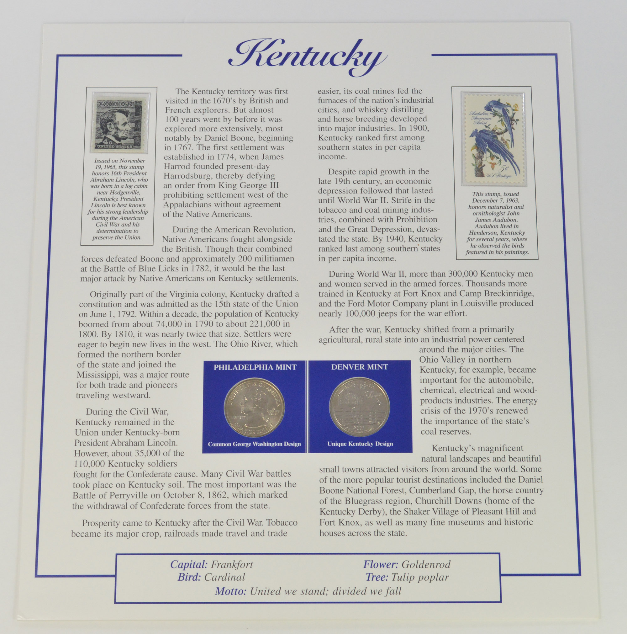 Full Color 2 Coin Ch BU Kentucky State Quarter Beautifully Displayed ...