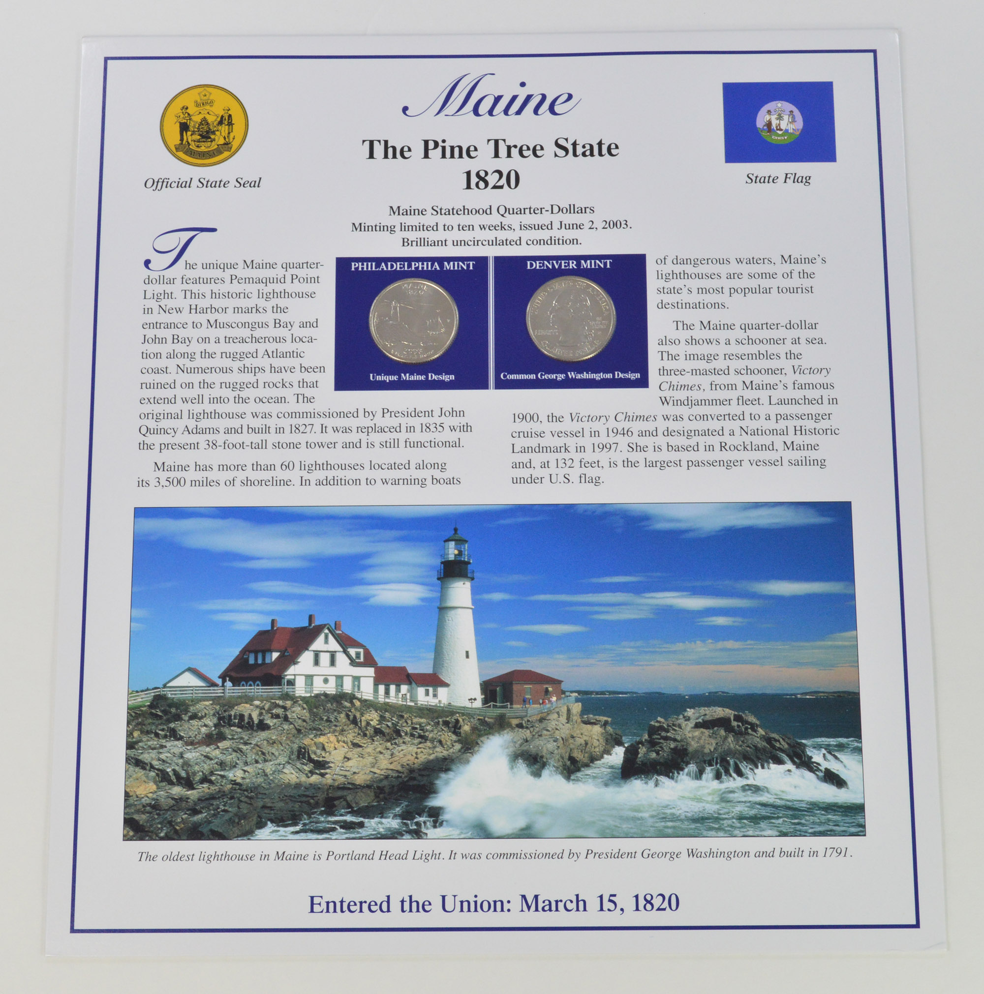 Full Color 2 Coin Ch BU Maine State Quarter Beautifully Displayed Coin ...