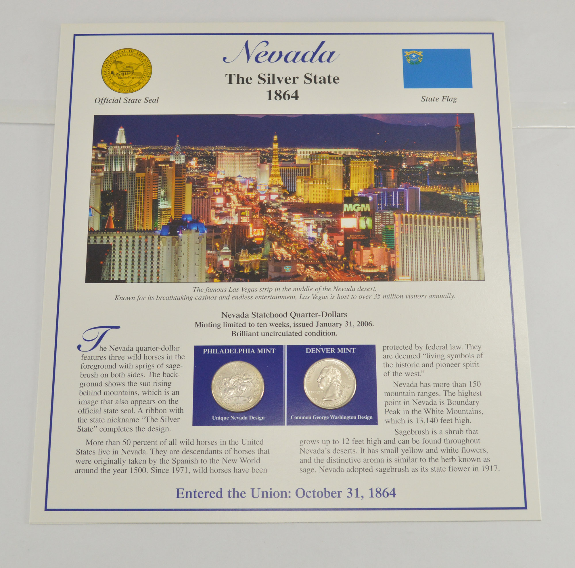 Full Color 2 Coin Ch BU Nevada State Quarter Beautifully Displayed Coin ...