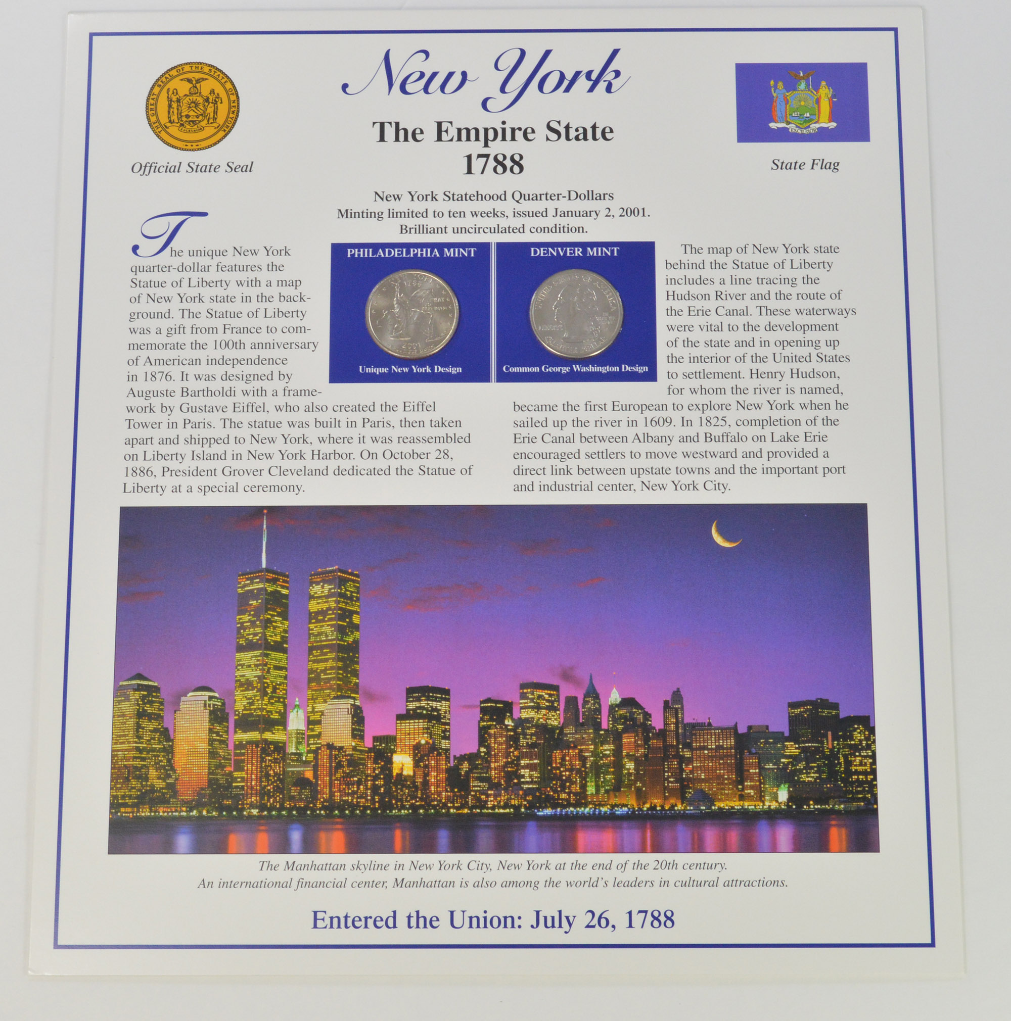 Full Color 2 Coin Ch BU New York State Quarter Beautifully Displayed ...