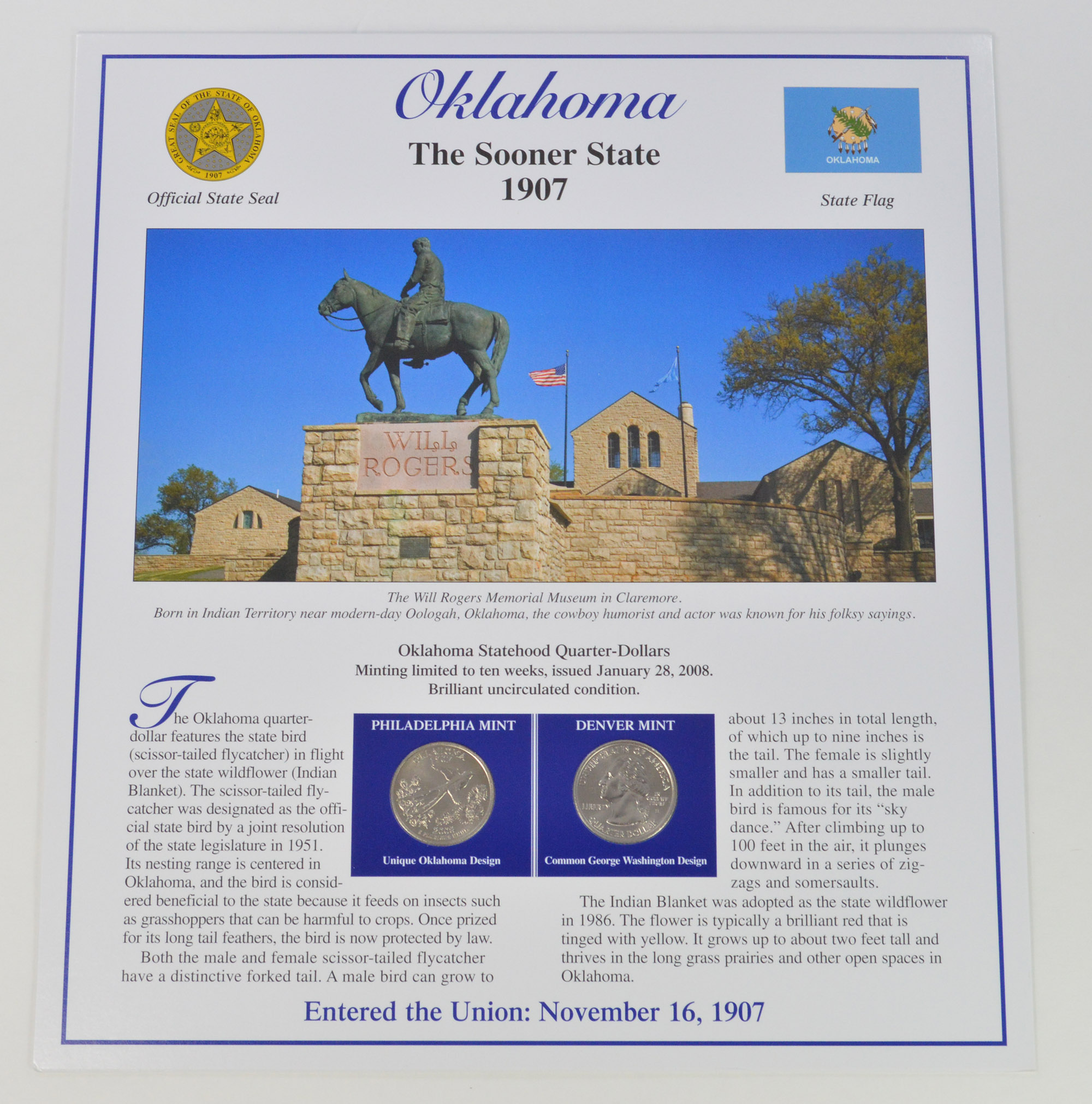 Full Color 2 Coin Ch BU Oklahoma State Quarter Beautifully Displayed ...