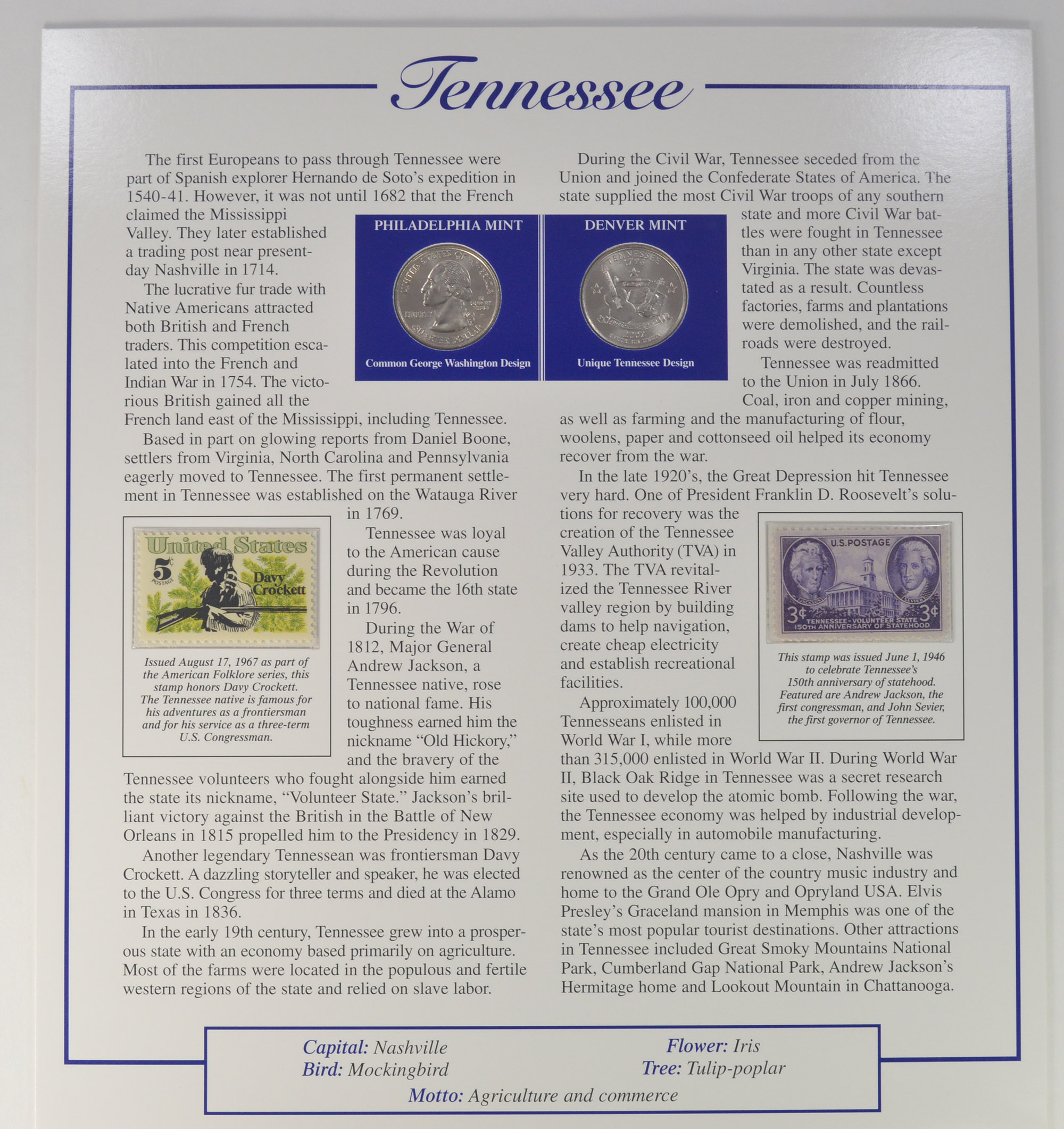 Full Color 2 Coin Ch BU Tennessee State Quarter Beautifully Displayed ...