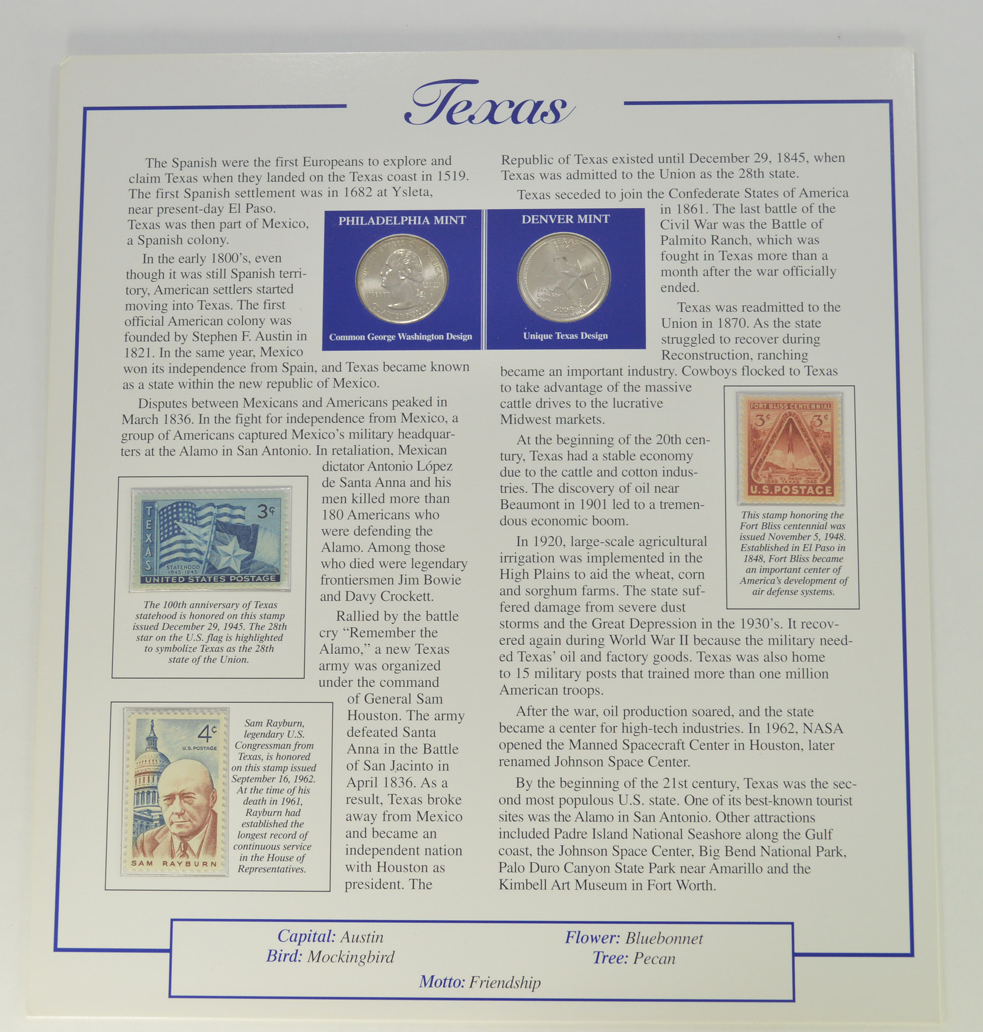 Full Color 2 Coin Ch BU Texas State Quarter Beautifully Displayed Coin ...