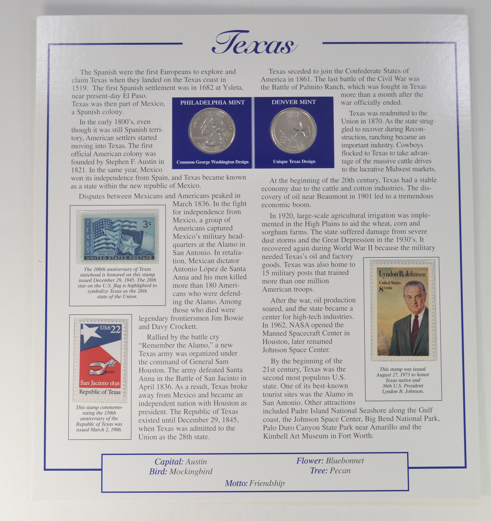 Full Color 2 Coin Ch BU Texas State Quarter Beautifully Displayed Coin ...