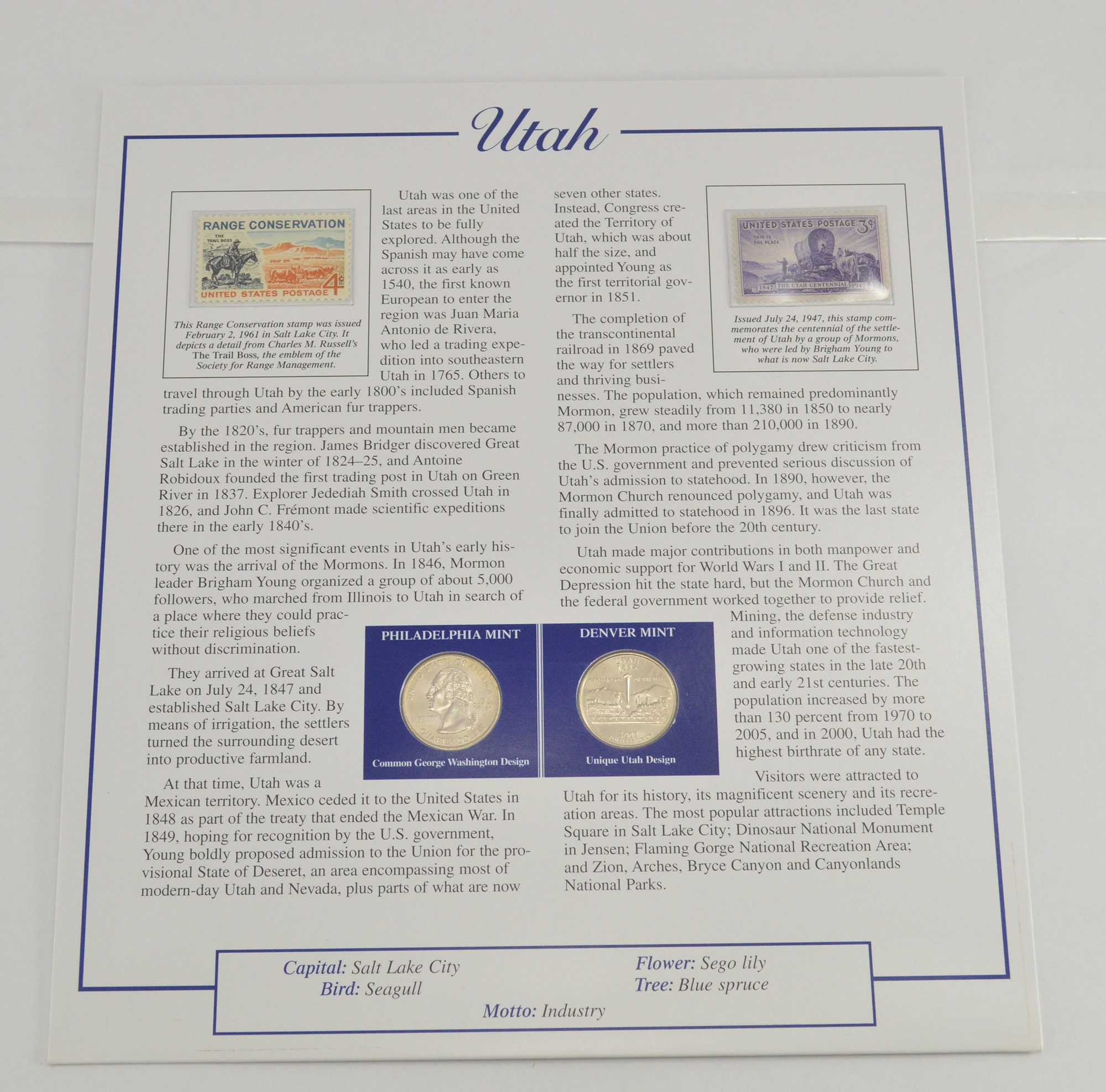 Full Color 2 Coin Ch BU Utah State Quarter Beautifully Displayed Coin ...