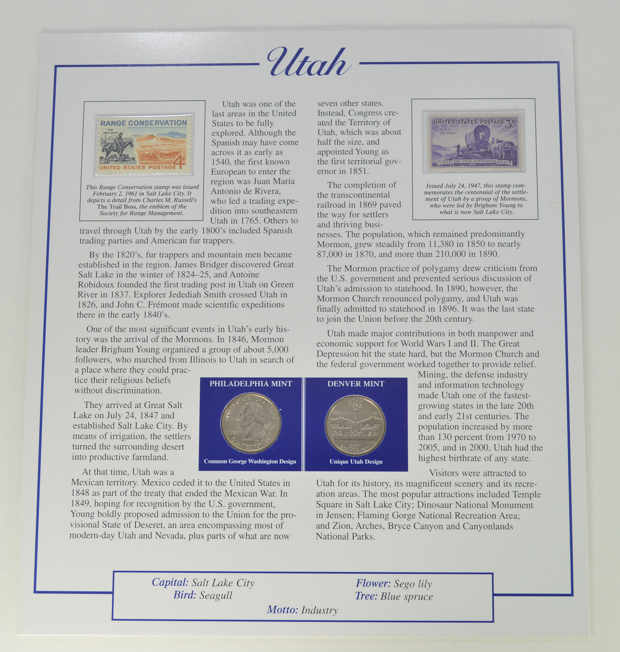 Full Color 2 Coin Ch BU Utah State Quarter Beautifully Displayed Coin ...