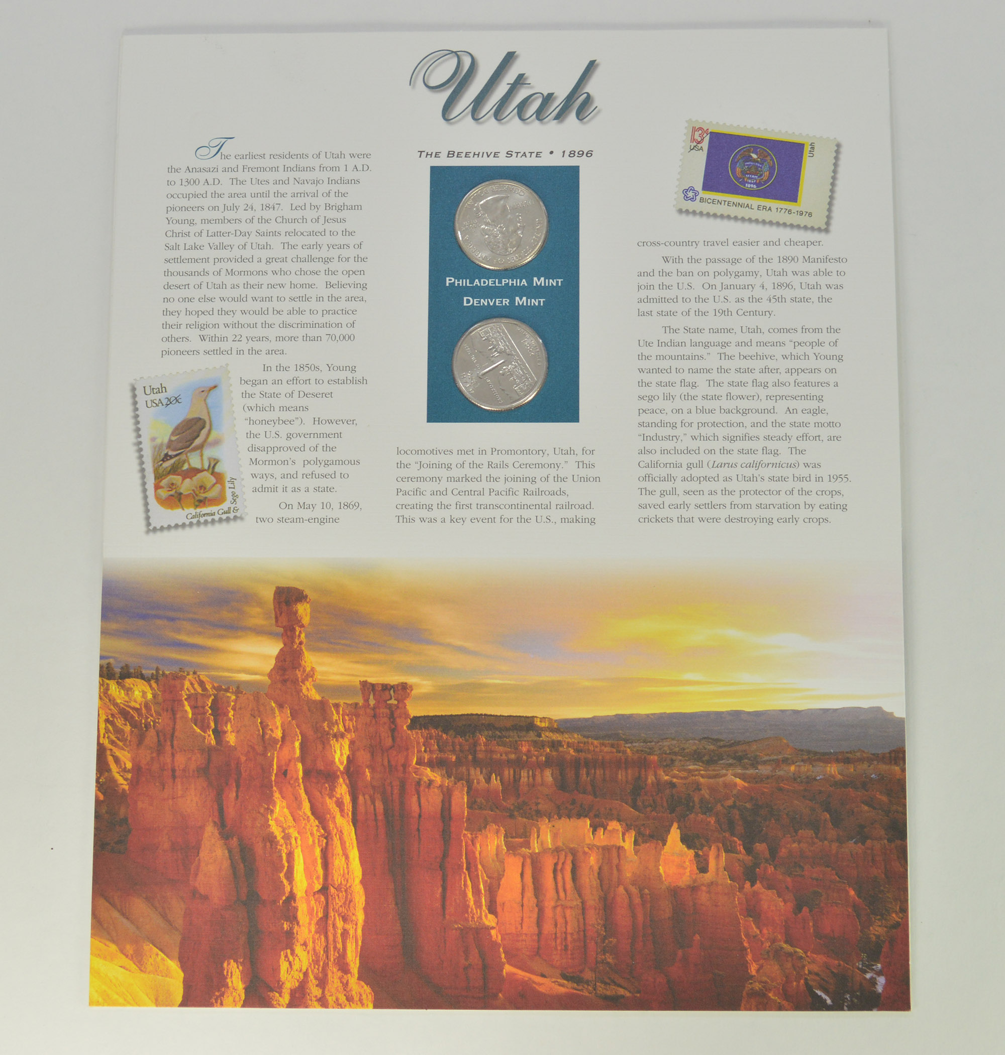 Full Color 2 Coin Ch BU Utah State Quarter Beautifully Displayed Coin ...