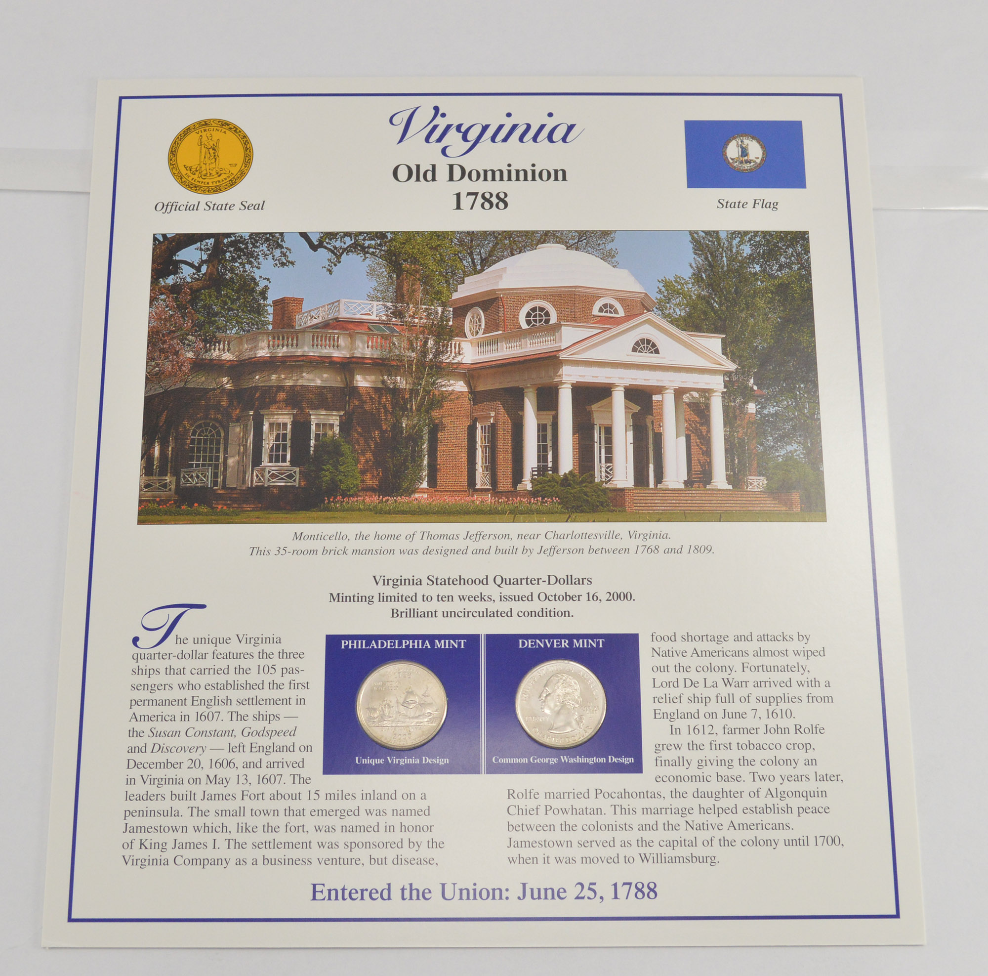 Full Color 2 Coin Ch BU Virginia State Quarter Beautifully Displayed ...