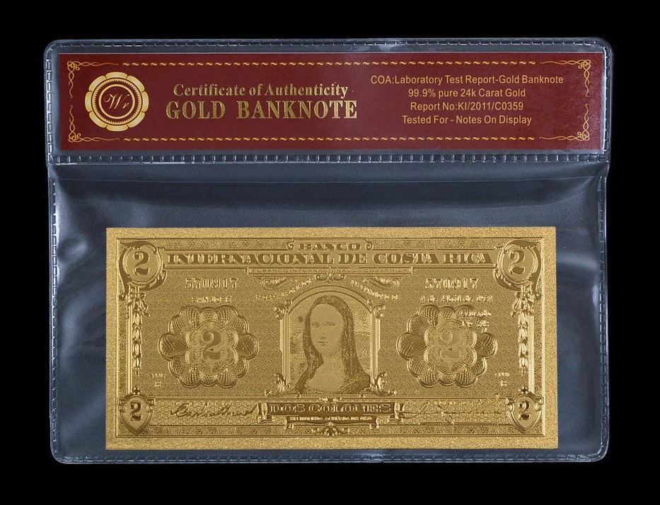 Gold Costa Rica Banknote 1931 Mona Lisa 2 Colones- Beautifully ...