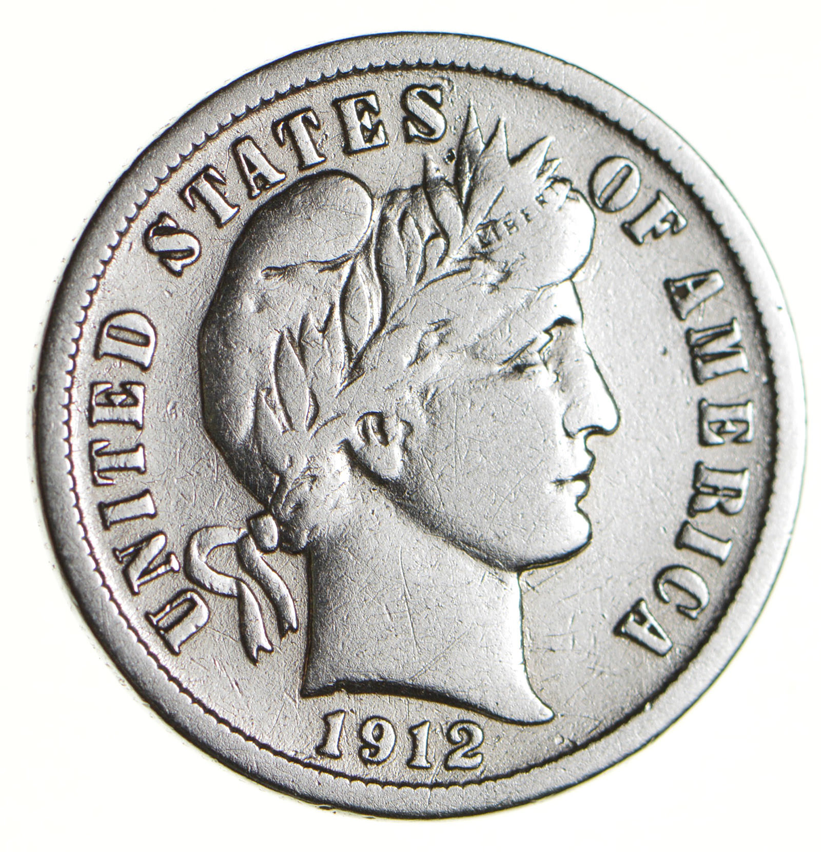 Higher Grade - 1912-D Barber Liberty US Silver Dime - Great Detail in LIBERTY | Property Room