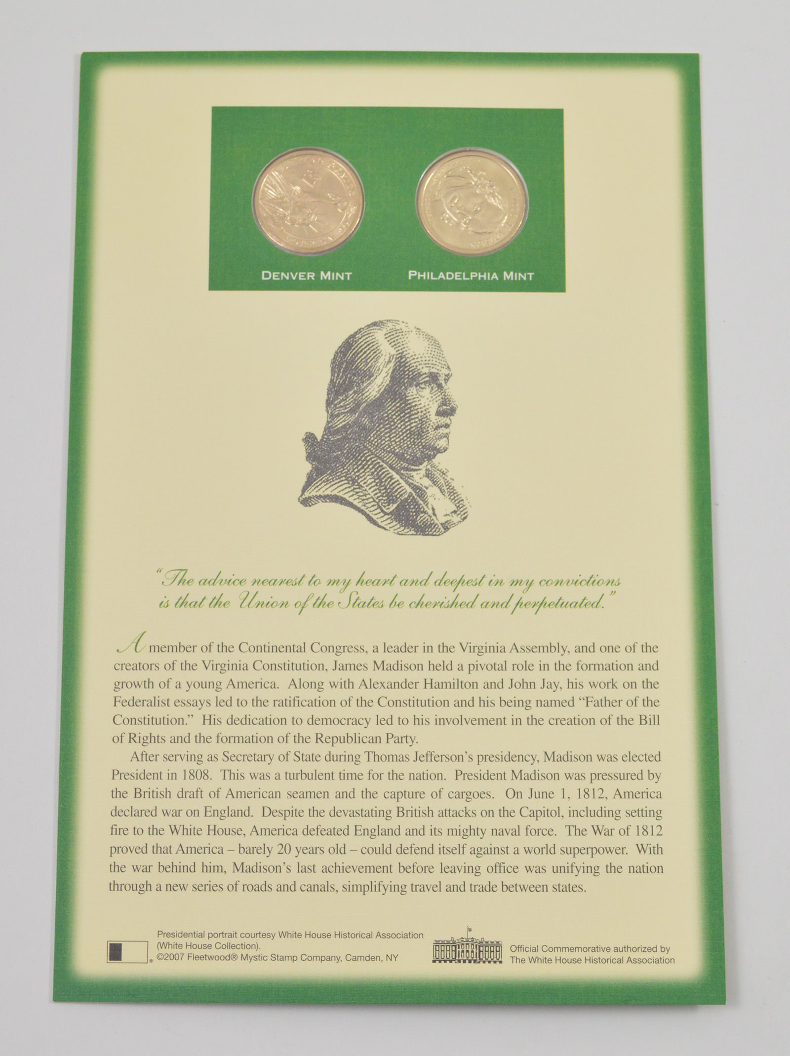 Historic Coin Collection - James Madison Fourth President Nicely Packed ...