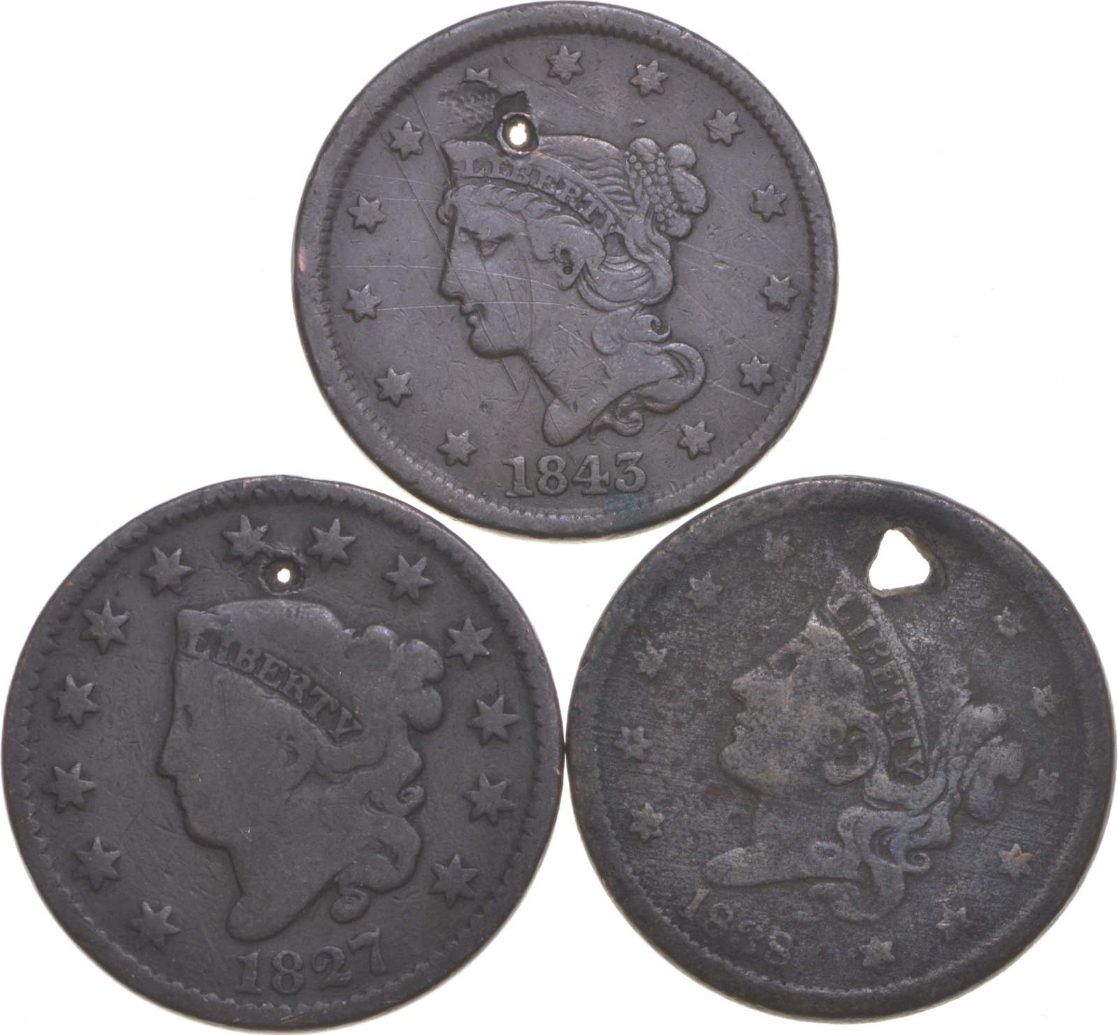 HOLY Lot - Hole - 1827 1843 1838 - Large Cent Penny Collection - Holed ...