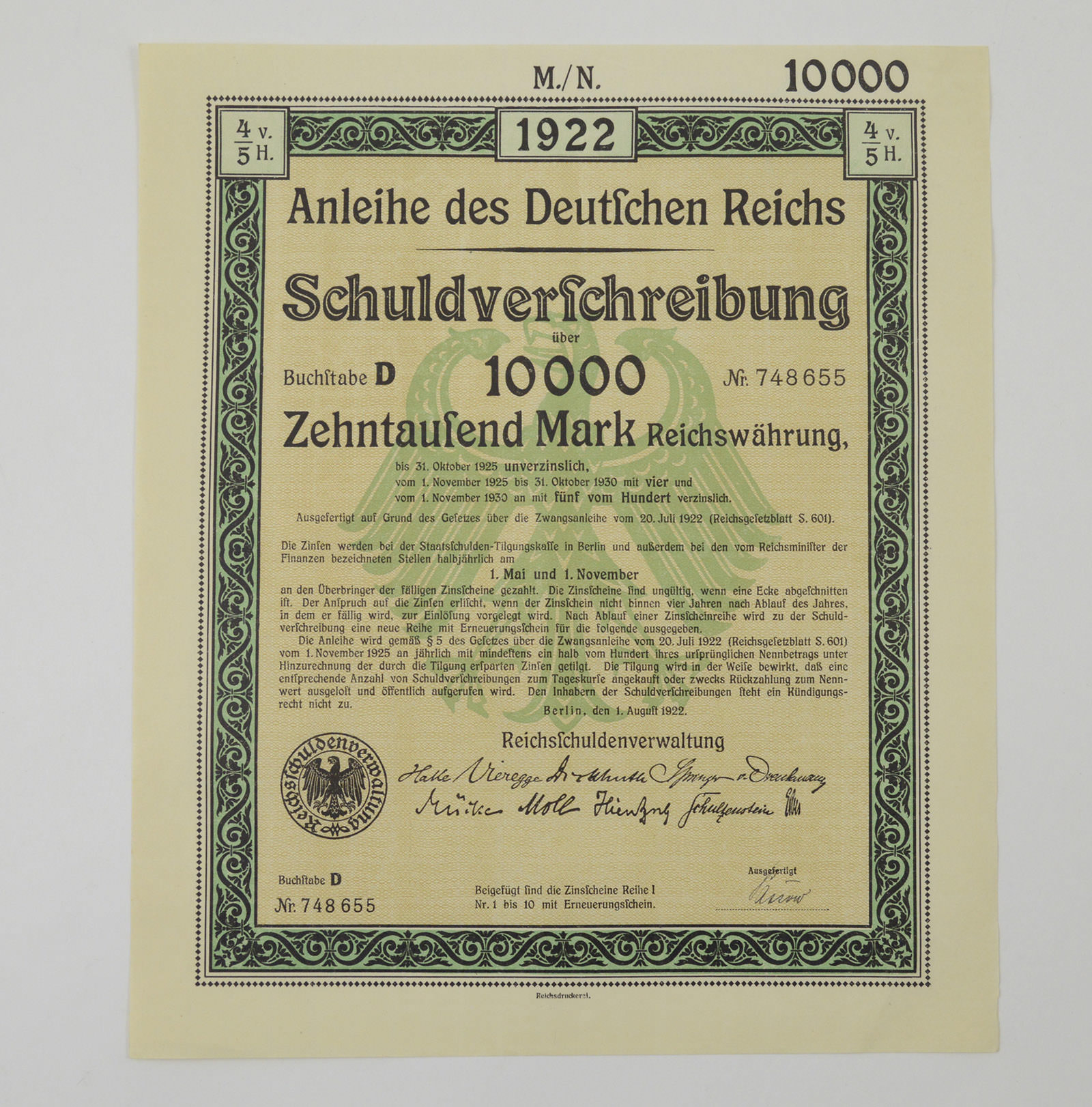 HUGE - 1922 10,000 Marks Bond Certificate - Measure ~8 X 9 1/2 inches ...